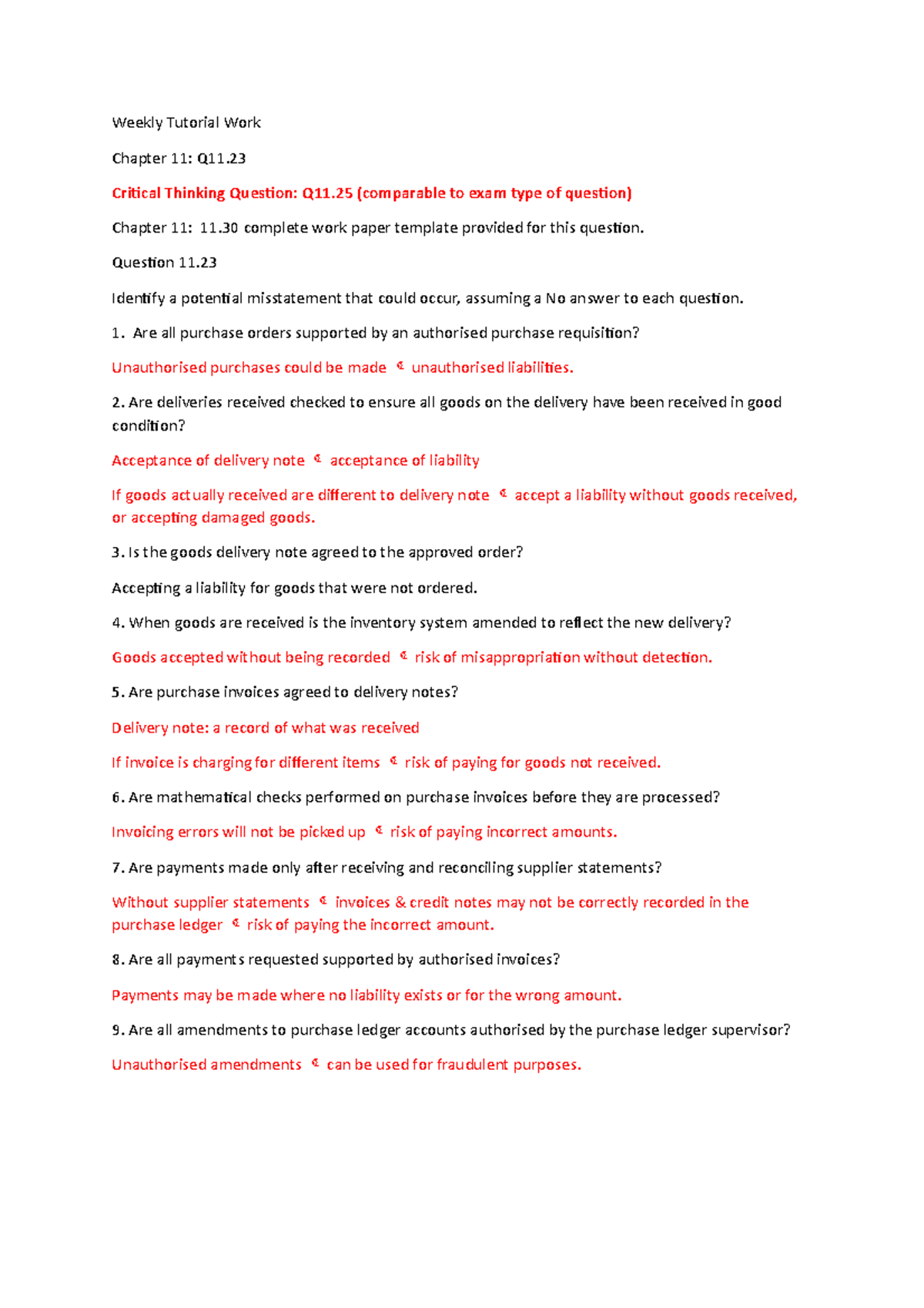 Week 7 tutorial work - Weekly Tutorial Work Chapter 11: Q11 Critical ...