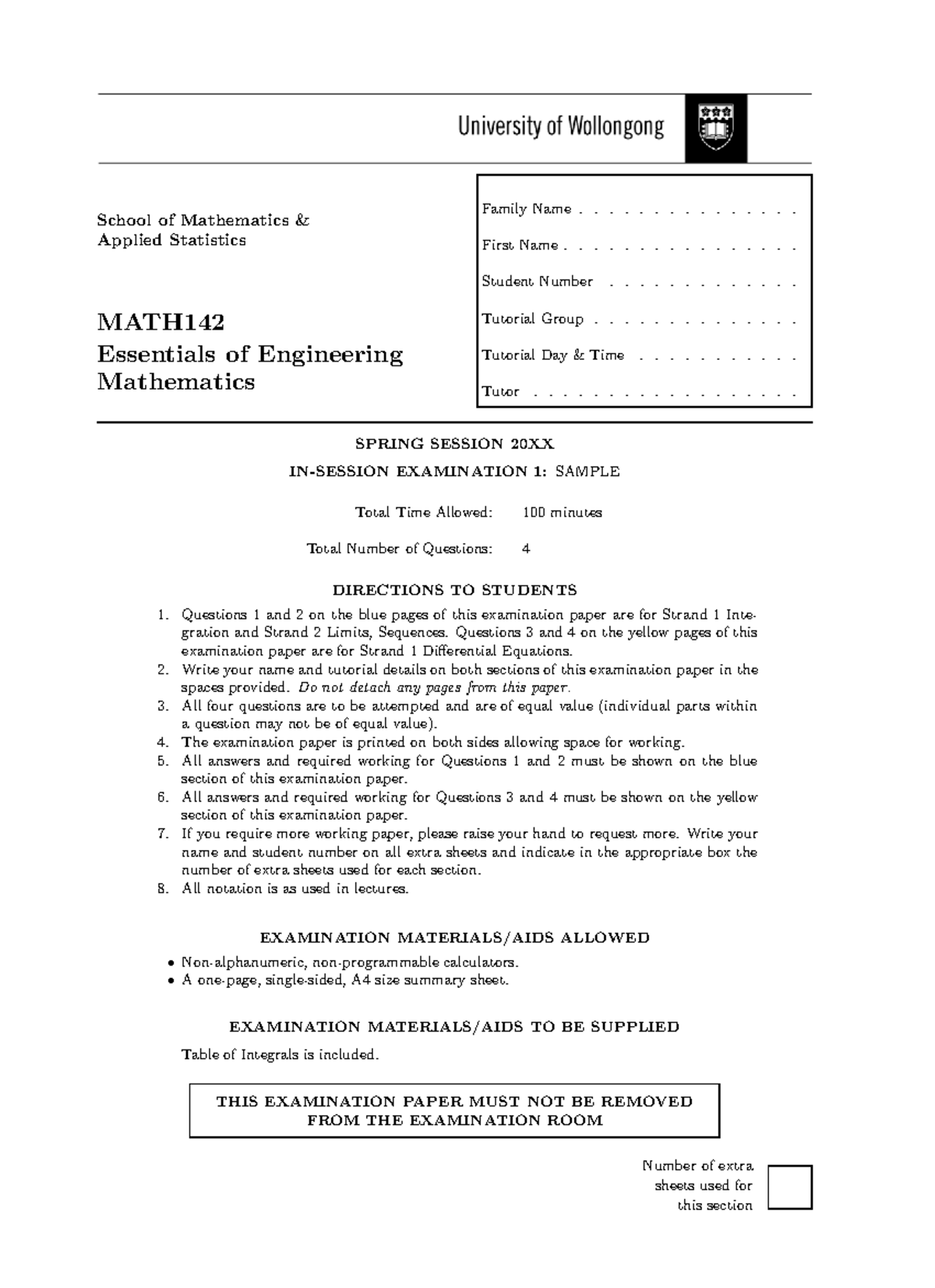 Sample/practice exam 2011, questions and answers - School of ...