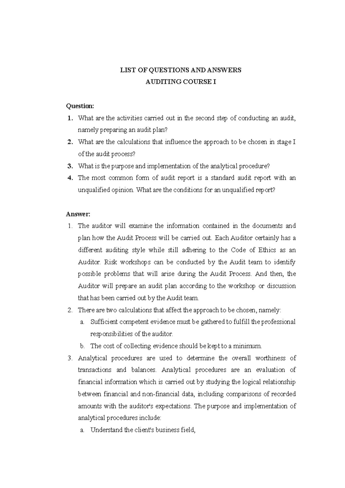 LIST OF Questions AND Answers audit course - LIST OF QUESTIONS AND ANSWERS AUDITING COURSE I ...