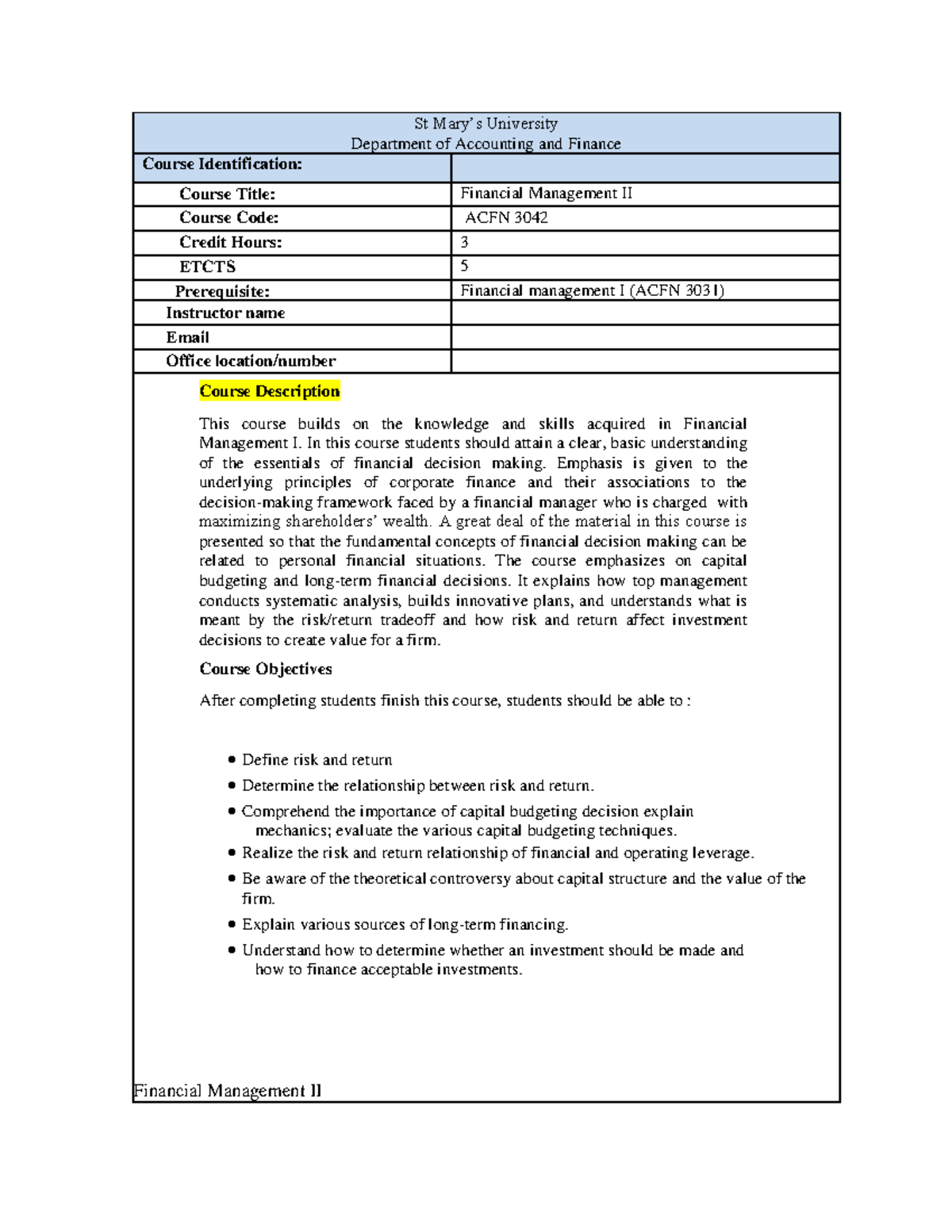 Financial Management II course outline 2 - St Mary’s University ...