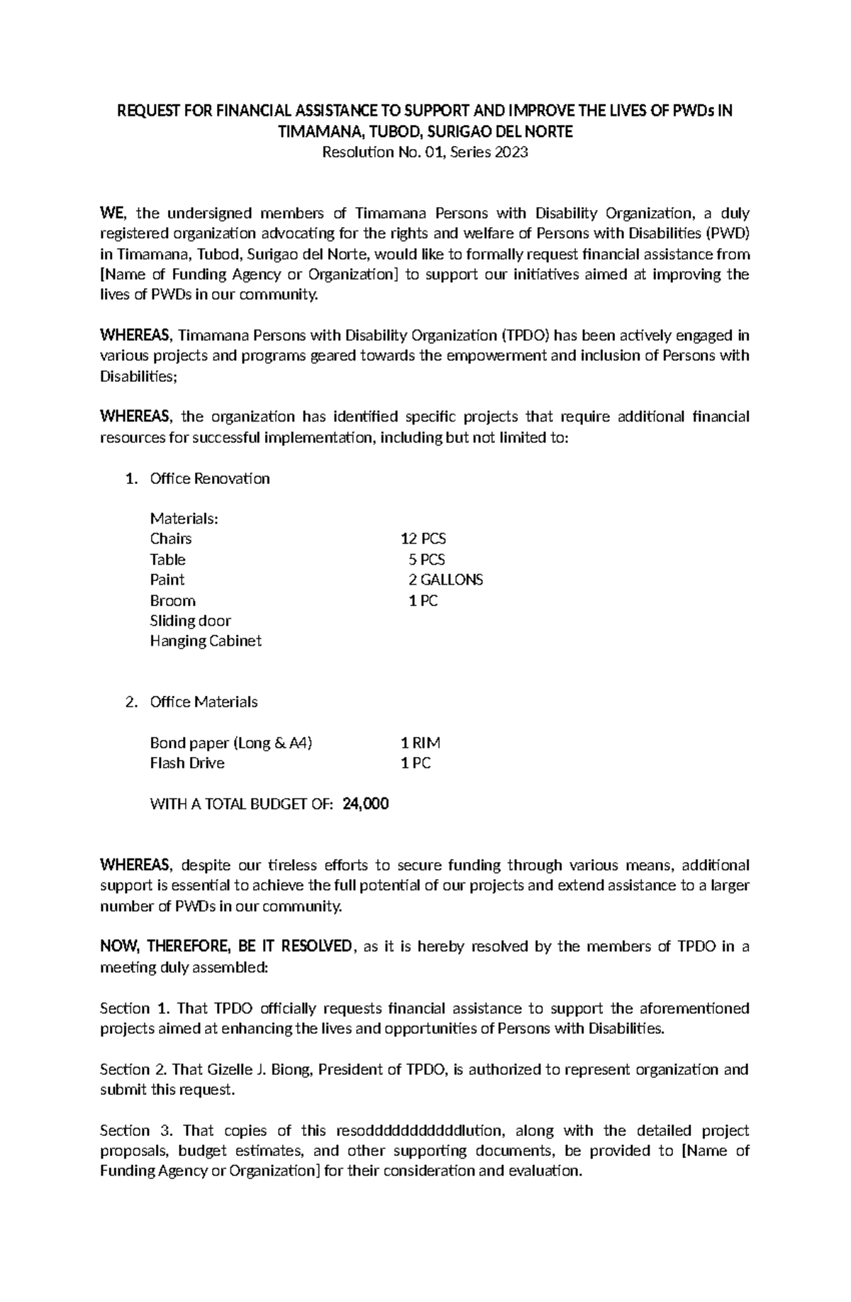 Resolution-No - resolution - REQUEST FOR FINANCIAL ASSISTANCE TO ...