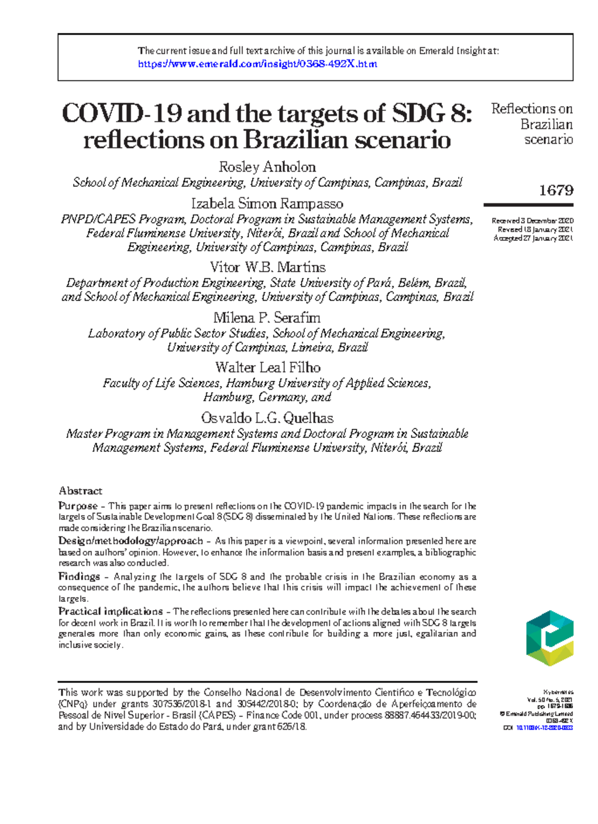 10-1108 K-12-2020-0833 - COVID-19 and the targets of SDG 8: reflections ...