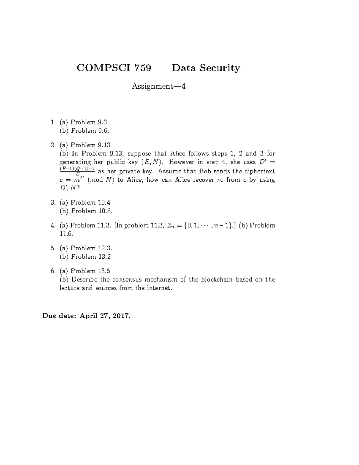 Assignment 4 Compsci 759 Data Security 1 A Problem 9 B Problem 9 2 A Problem 9 B In