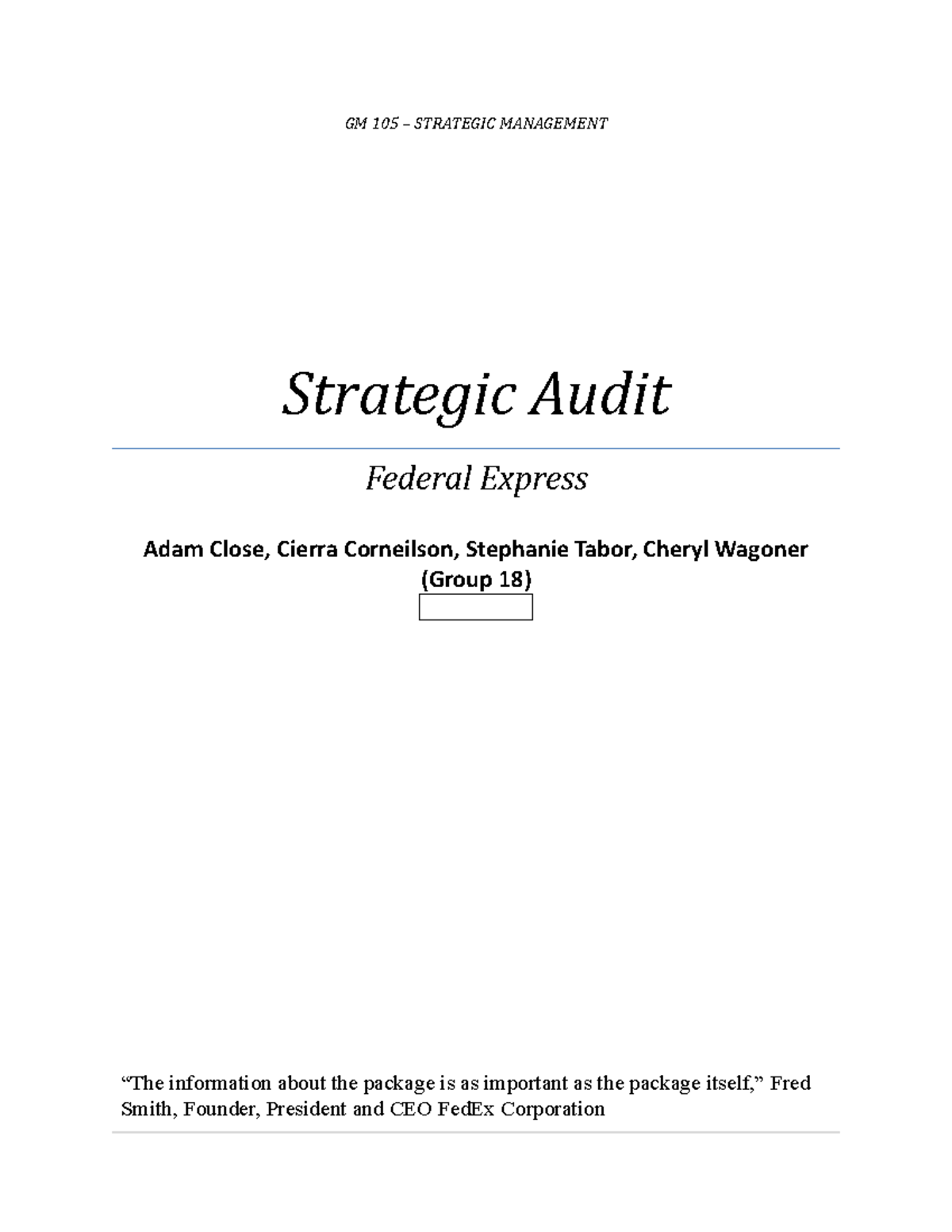 Fed Ex Company Strategic Audit 000 - GM 105 – STRATEGIC MANAGEMENT ...