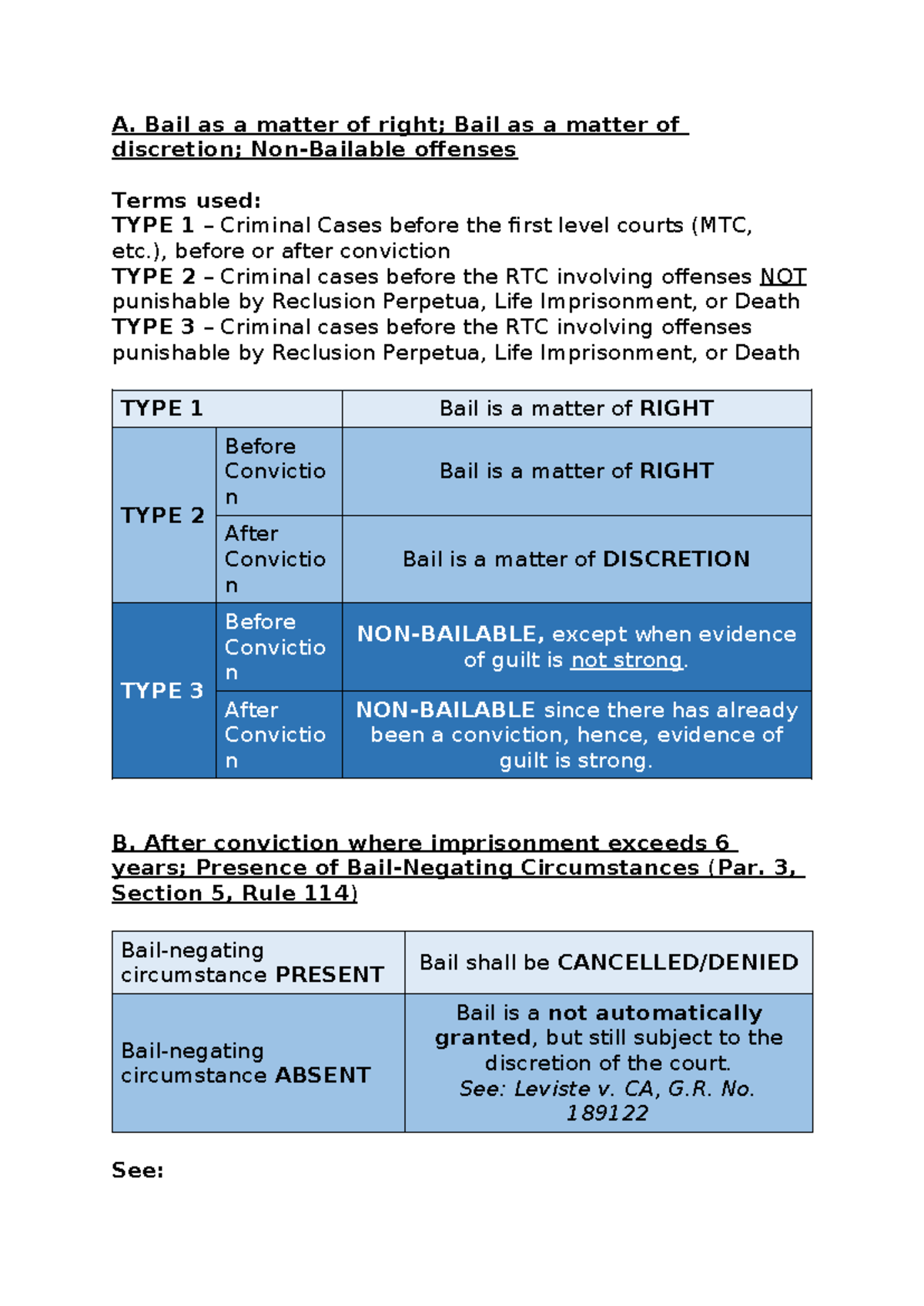 Notes - A. Bail as a matter of right; Bail as a matter of discretion ...