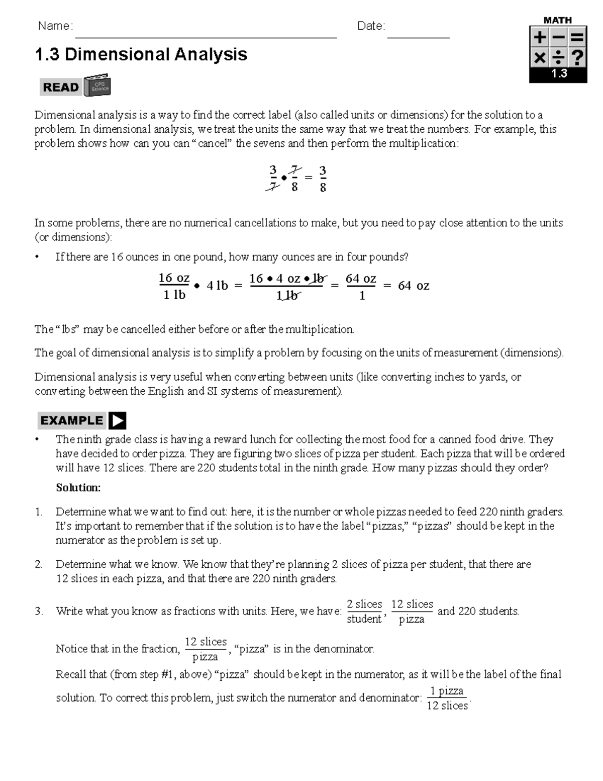 1.3 Dimensional Analysis - CPO Science - Name: Date: 1. 1 Dimensional ...