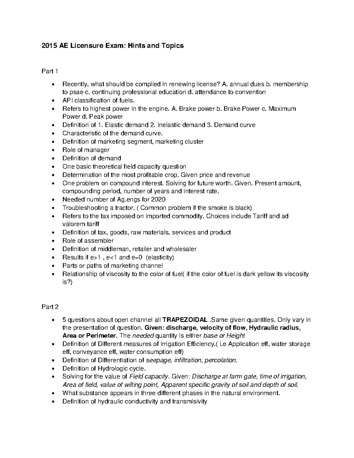 2015-LEAE-Questions - none - 2015 AE Licensure Exam: Hints and Topics ...