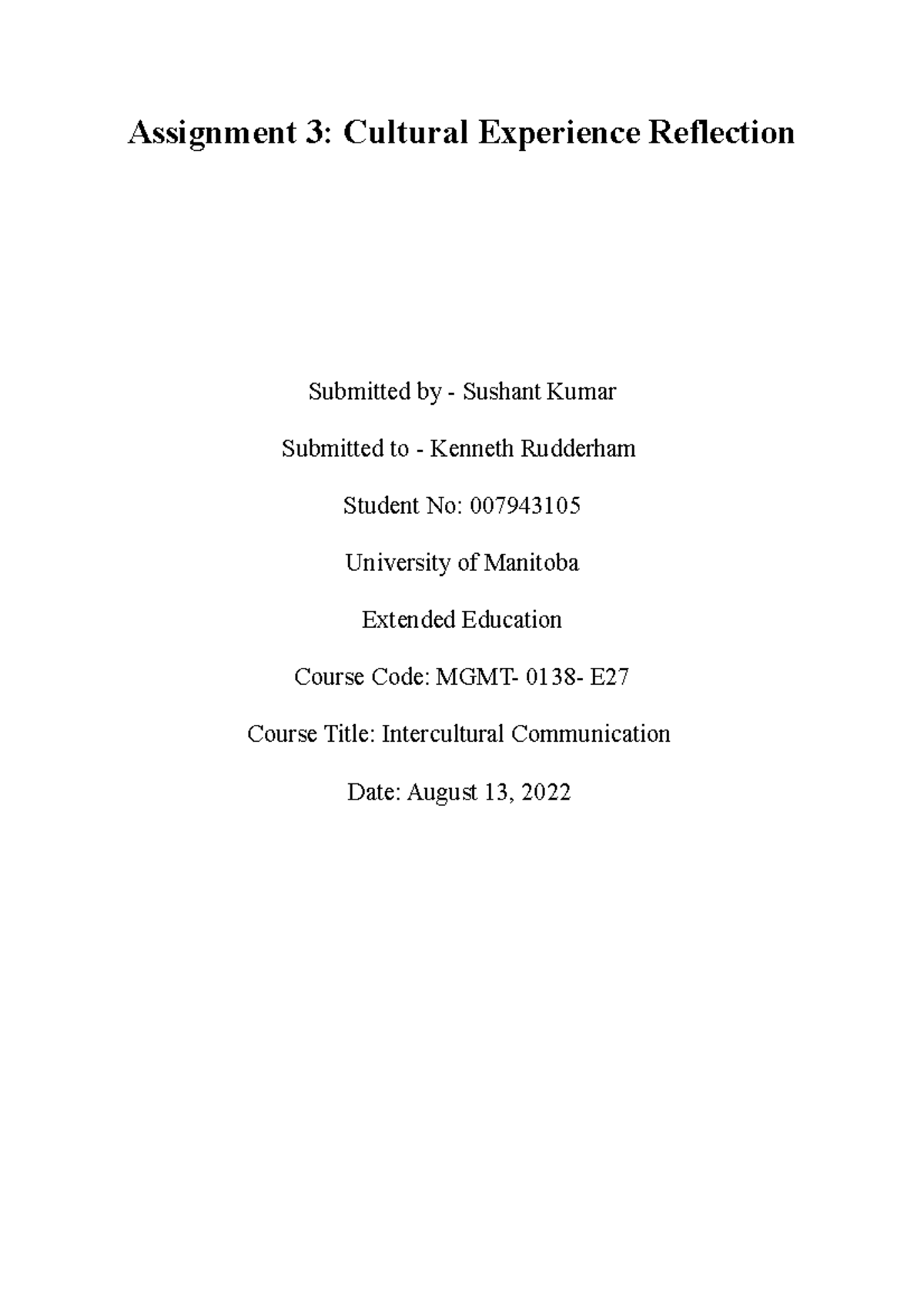 Assignment 3 Cultural Experience Reflection - Assignment 3: Cultural ...