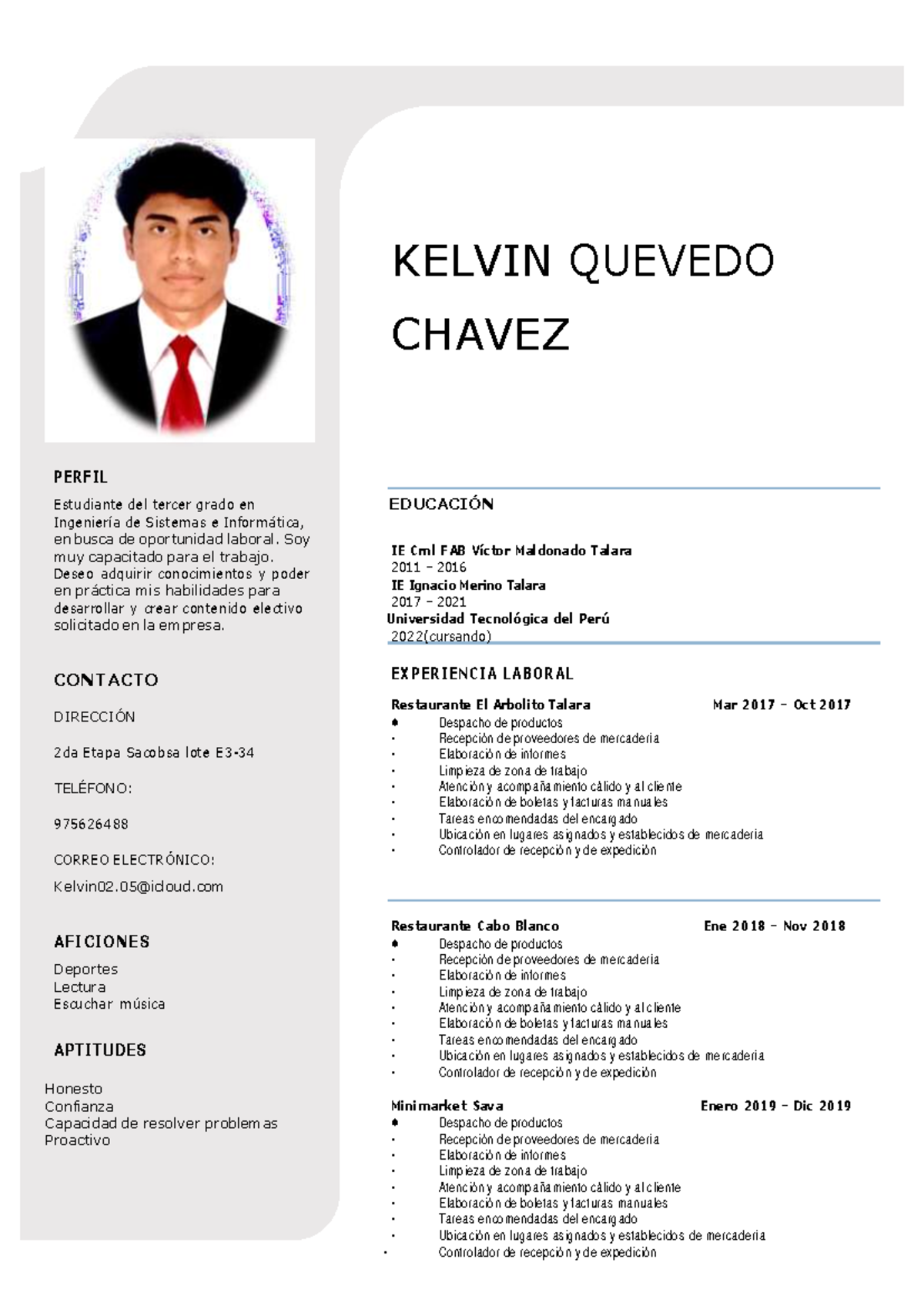 CV Kelvin Quevedo Chavez - KELVIN QUEVEDO CHAVEZ PERFIL Estudiante del ...
