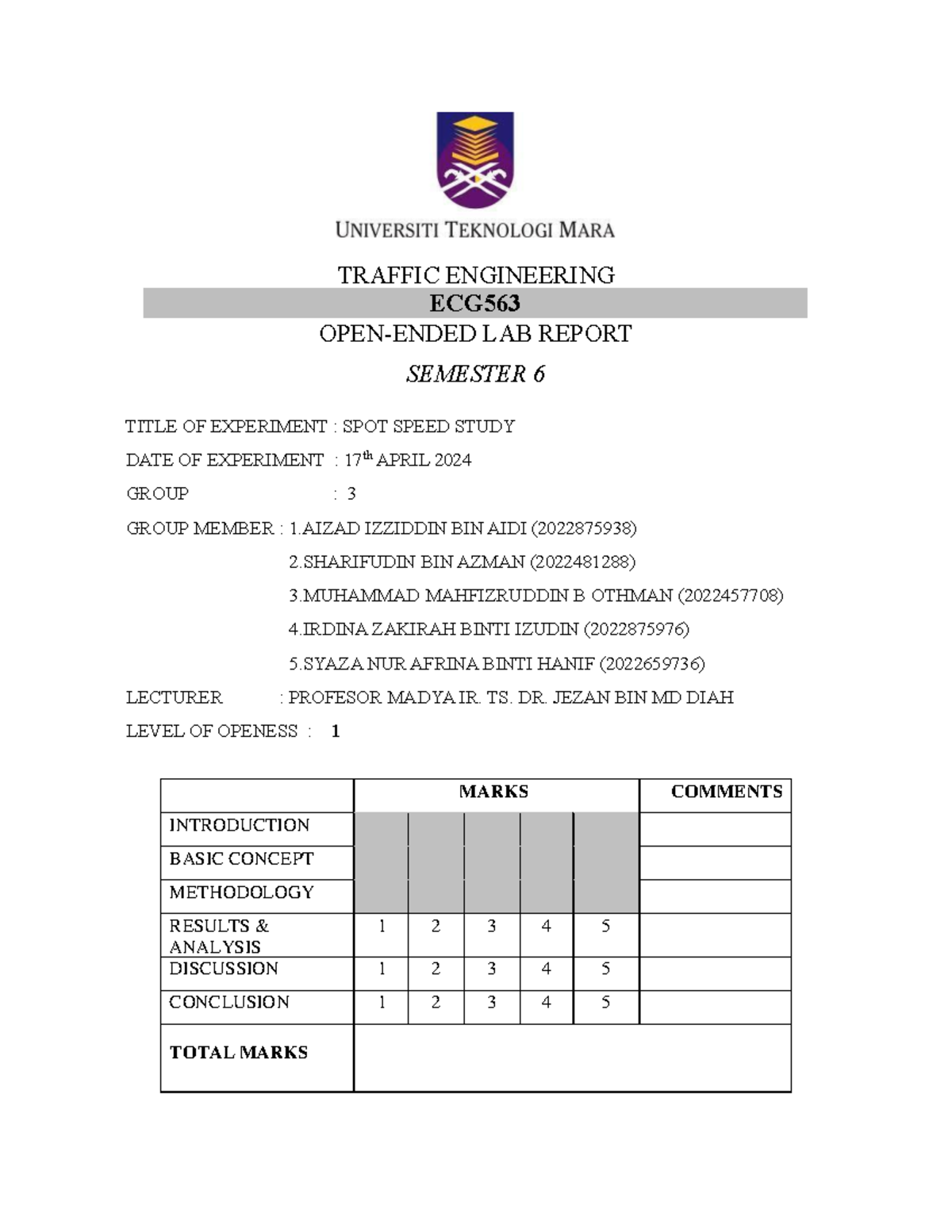 LAB Report SPOT Speed Study Level 1 - TRAFFIC ENGINEERING OPEN-ENDED ...