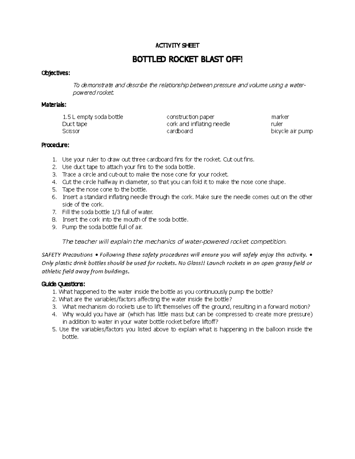 Activity Sheet - ACTIVITY SHEET BOTTLED ROCKET BLAST OFF! Objectives ...