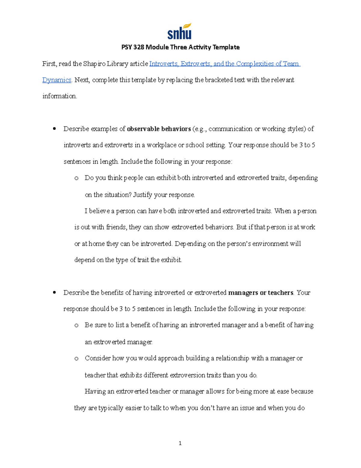 PSY 328 Module Three Activity - Next, complete this template by replacing the bracketed text ...