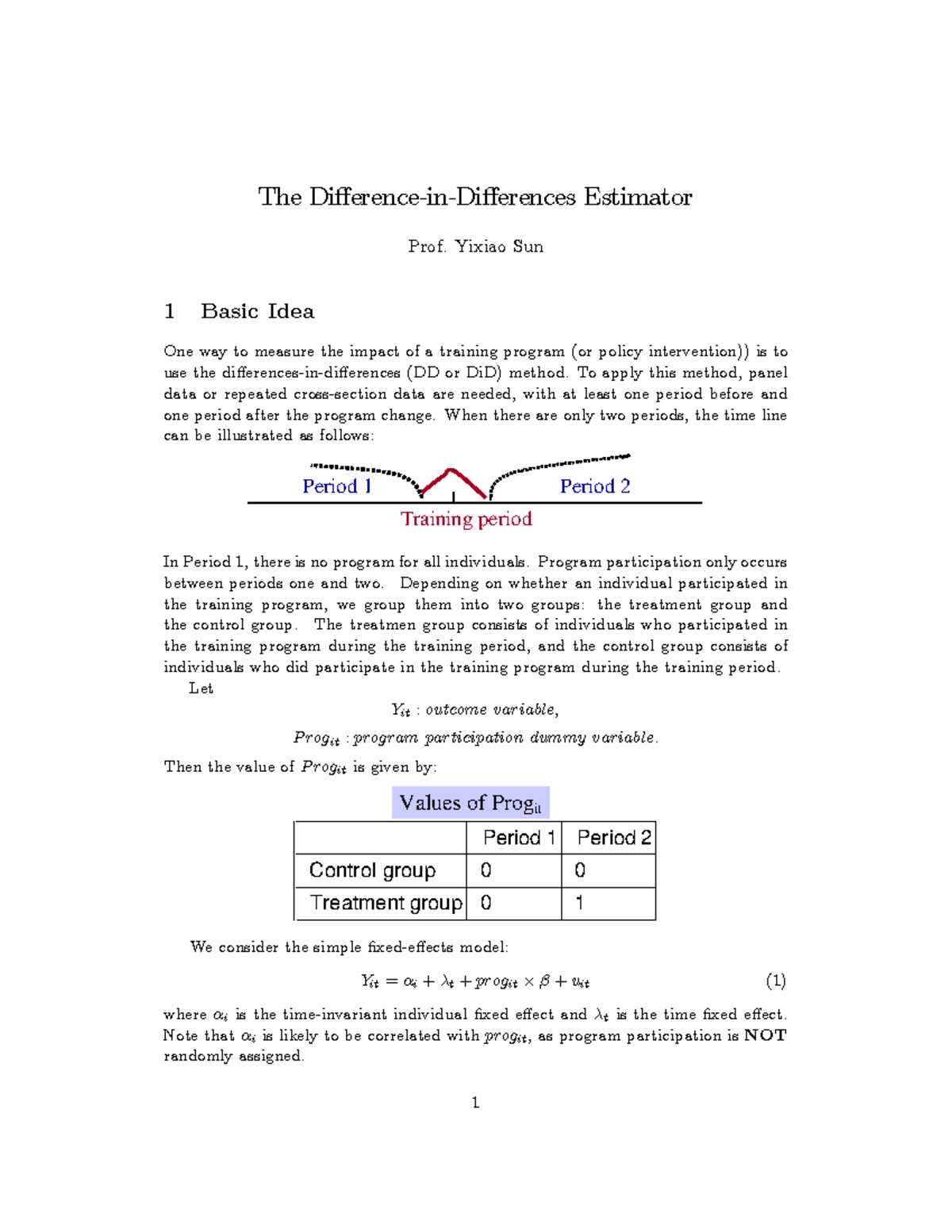 Diff in diffs notes - The Di§erence-in-Di§erences Estimator Prof ...