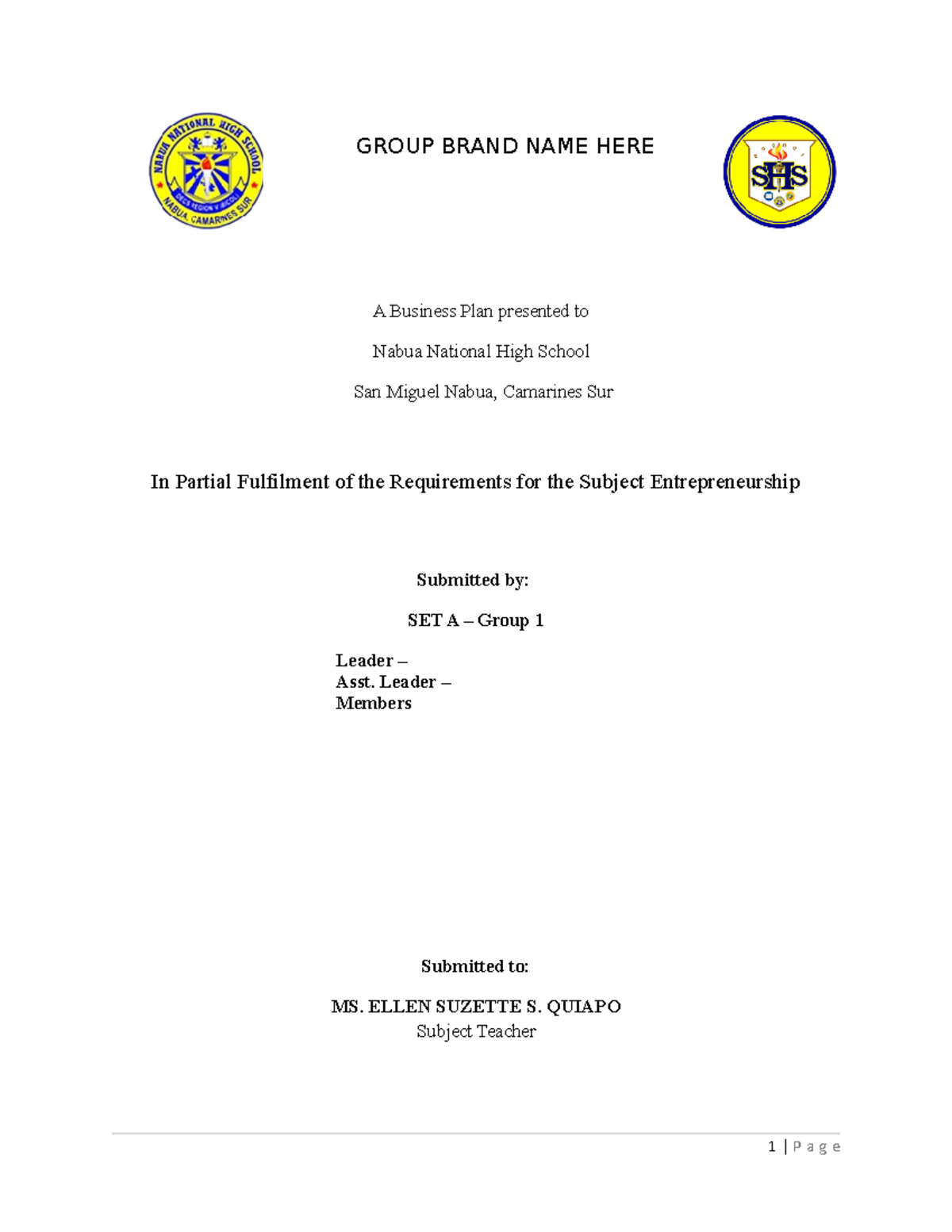 Group Business PLAN Cover PAGE Guide Contents Format 6 - GROUP BRAND ...