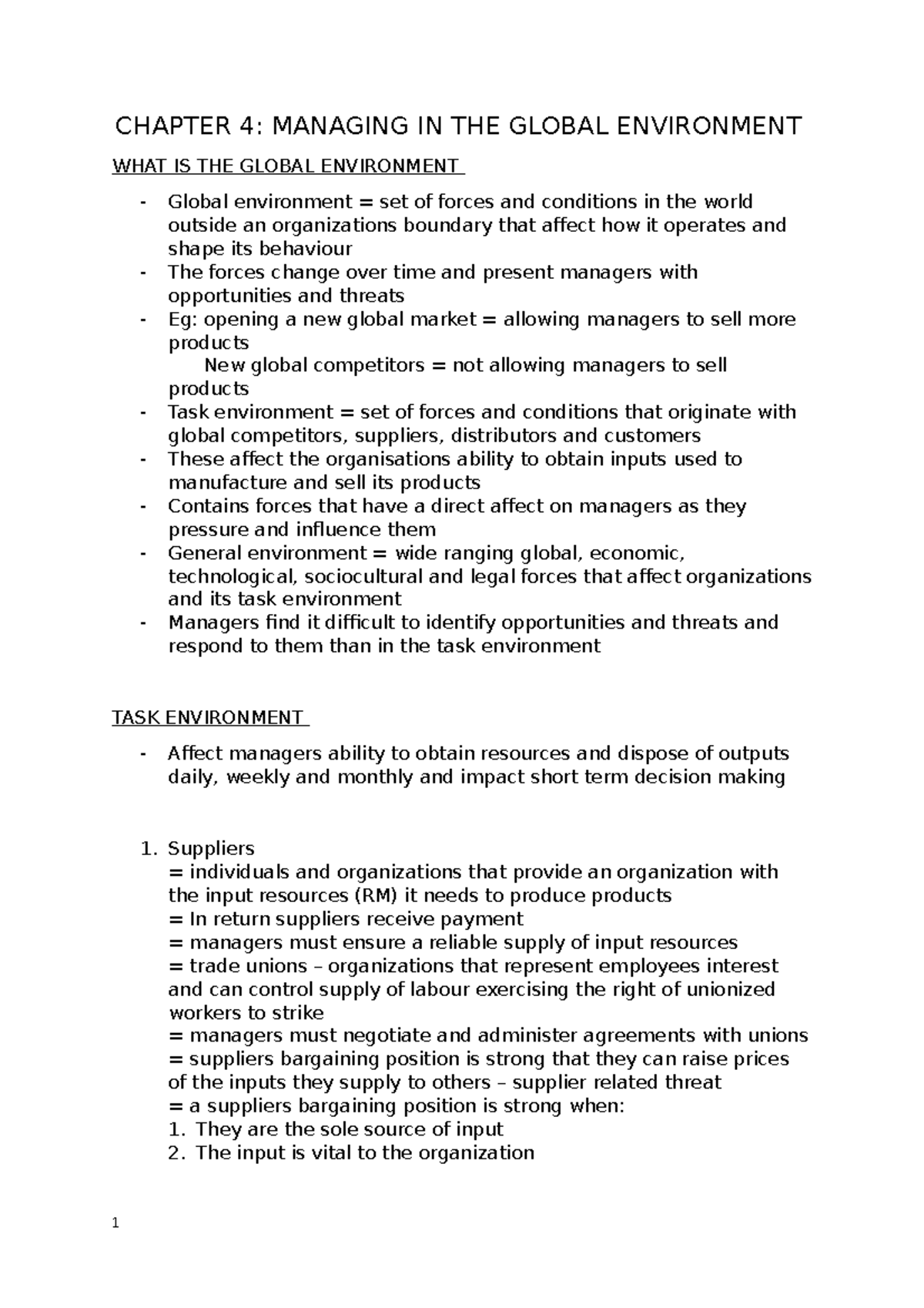 Chapter 4 notes - CHAPTER 4: MANAGING IN THE GLOBAL ENVIRONMENT WHAT IS ...