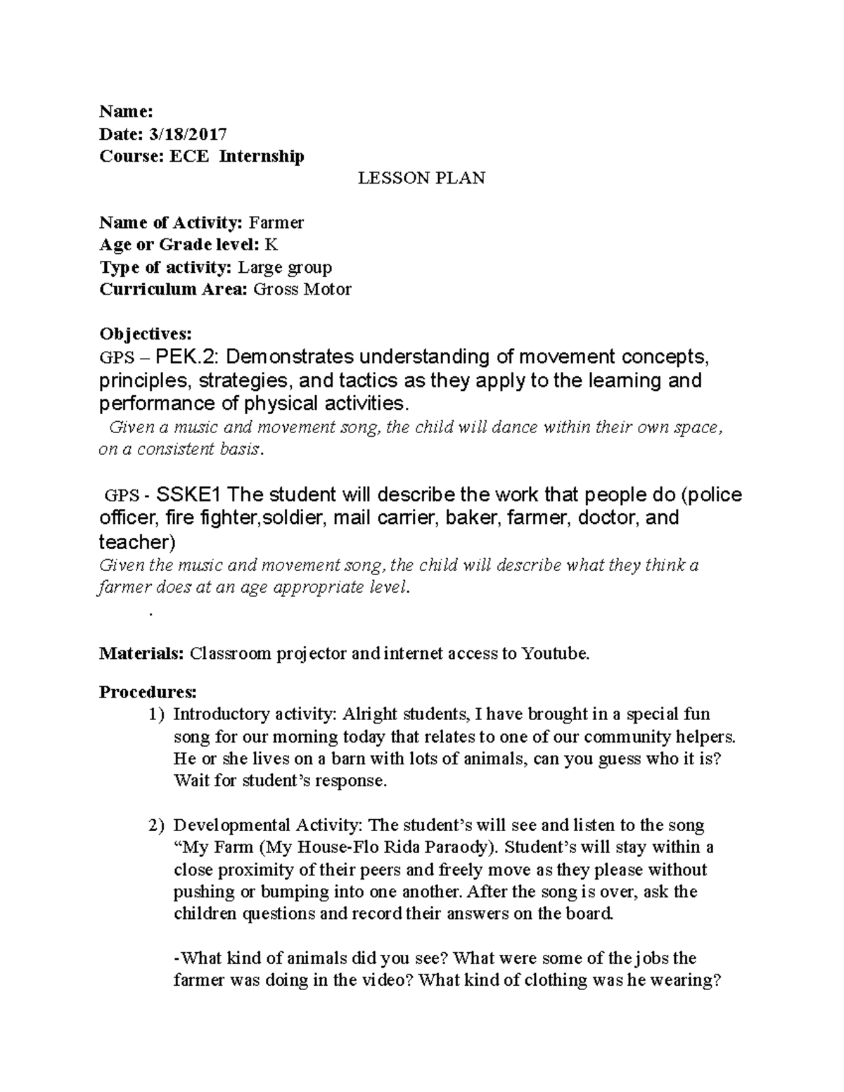 Farm dance lesson - Name: Date: 3/18/ Course: ECE Internship LESSON ...