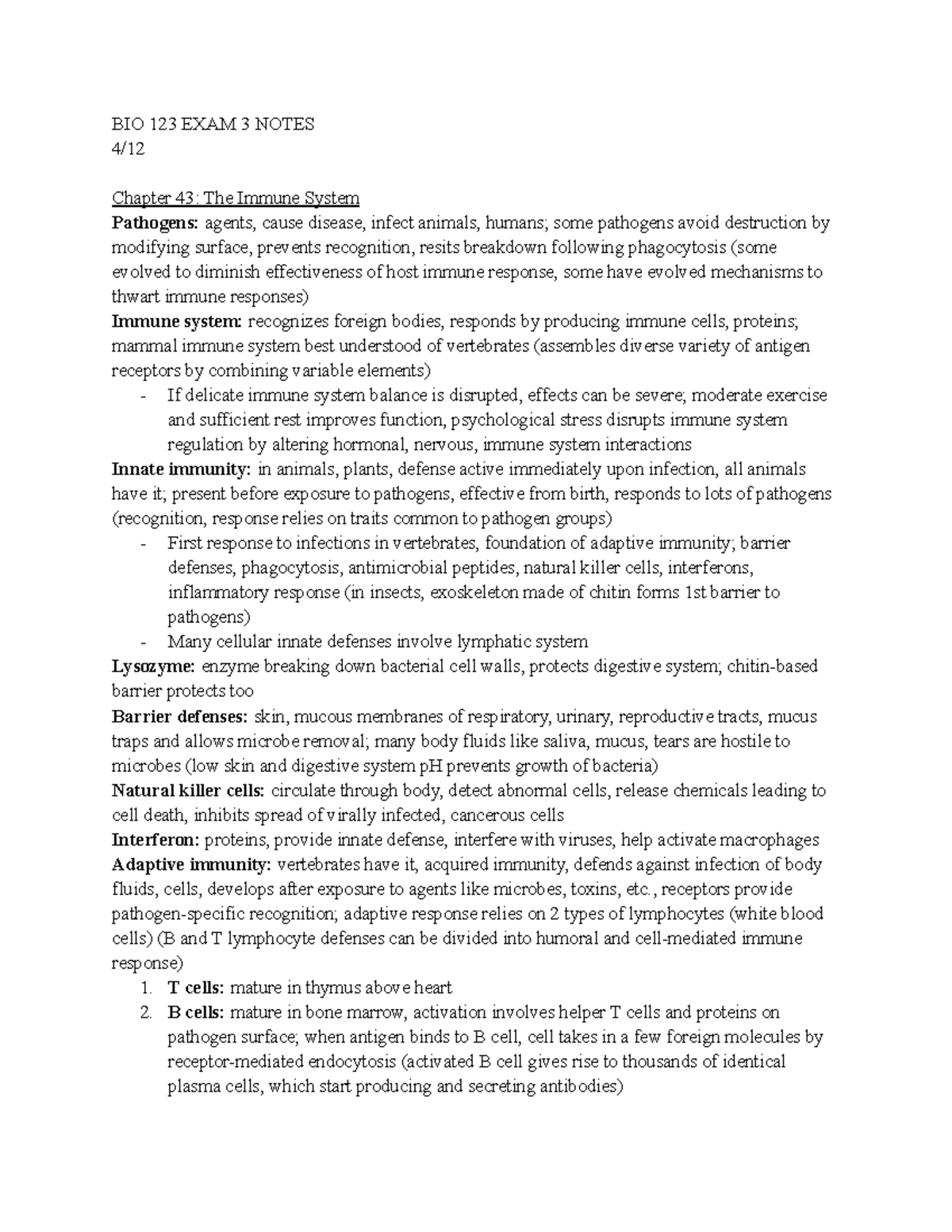 BIO 123 EXAM 3 Notes - BIO 123 EXAM 3 NOTES 4/ Chapter 43: The Immune ...