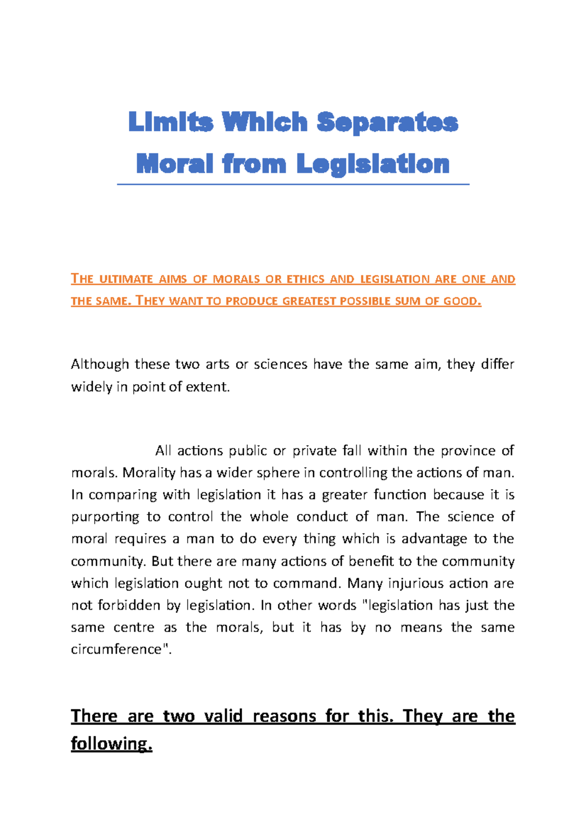 Limits Which Separates Moral from Legislation - Limits Which Separates ...