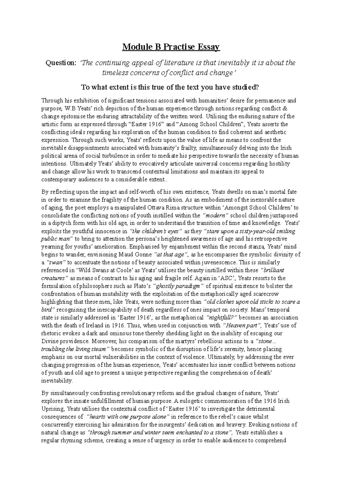 Yeats Module B Essay (Final, Alternate) - Module B Practise Essay ...