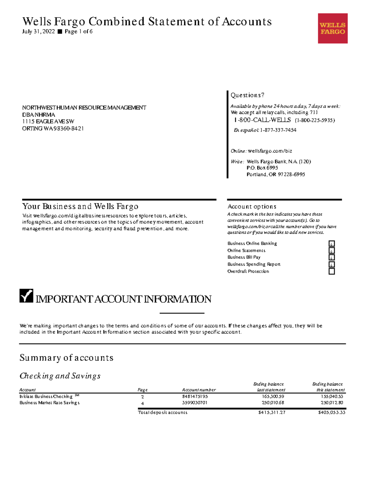 7 2022 Nhrma Wells Fargo Bank Statement - Wells Fargo Combined ...