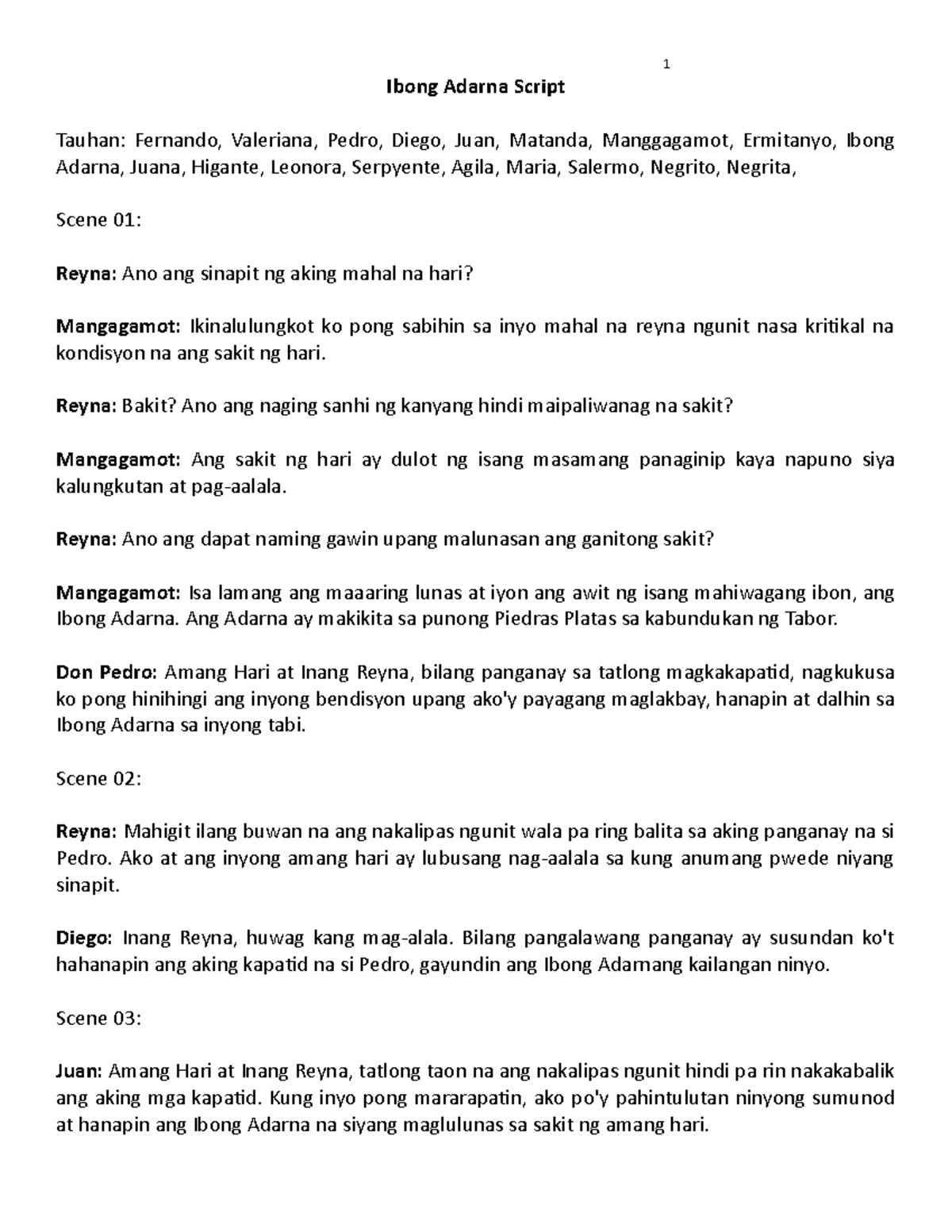 Ibong Adarna Script For Education Material Ibong Adarna Script 