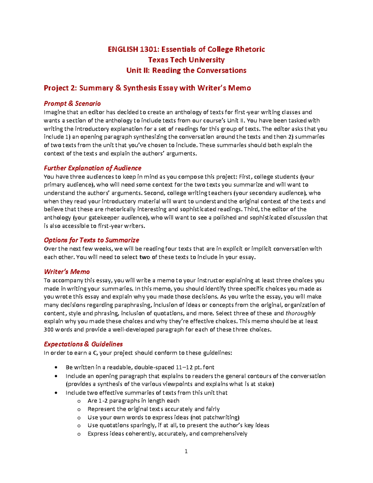 1301 Unit II Project 2 Summary and Synthesis Essay - 1 ENGLISH 1301 ...