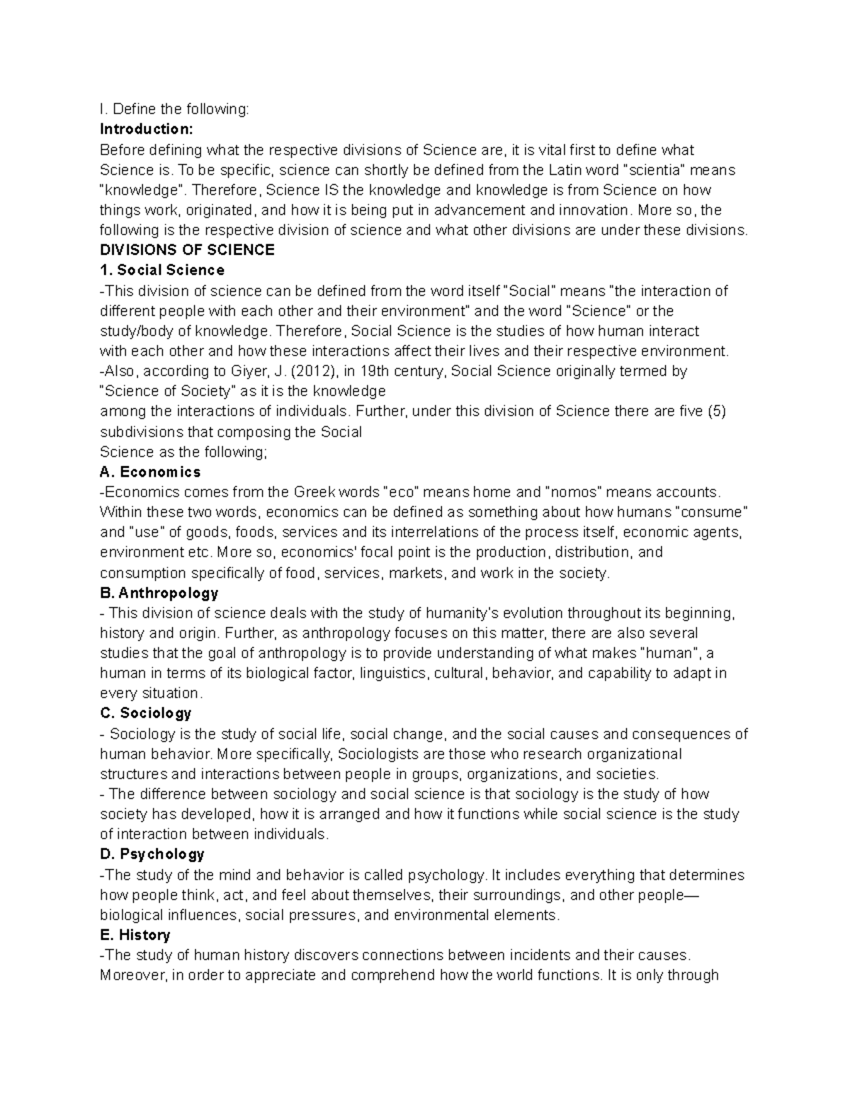 Terms and Definitions of Science and Branches - I. Define the following ...