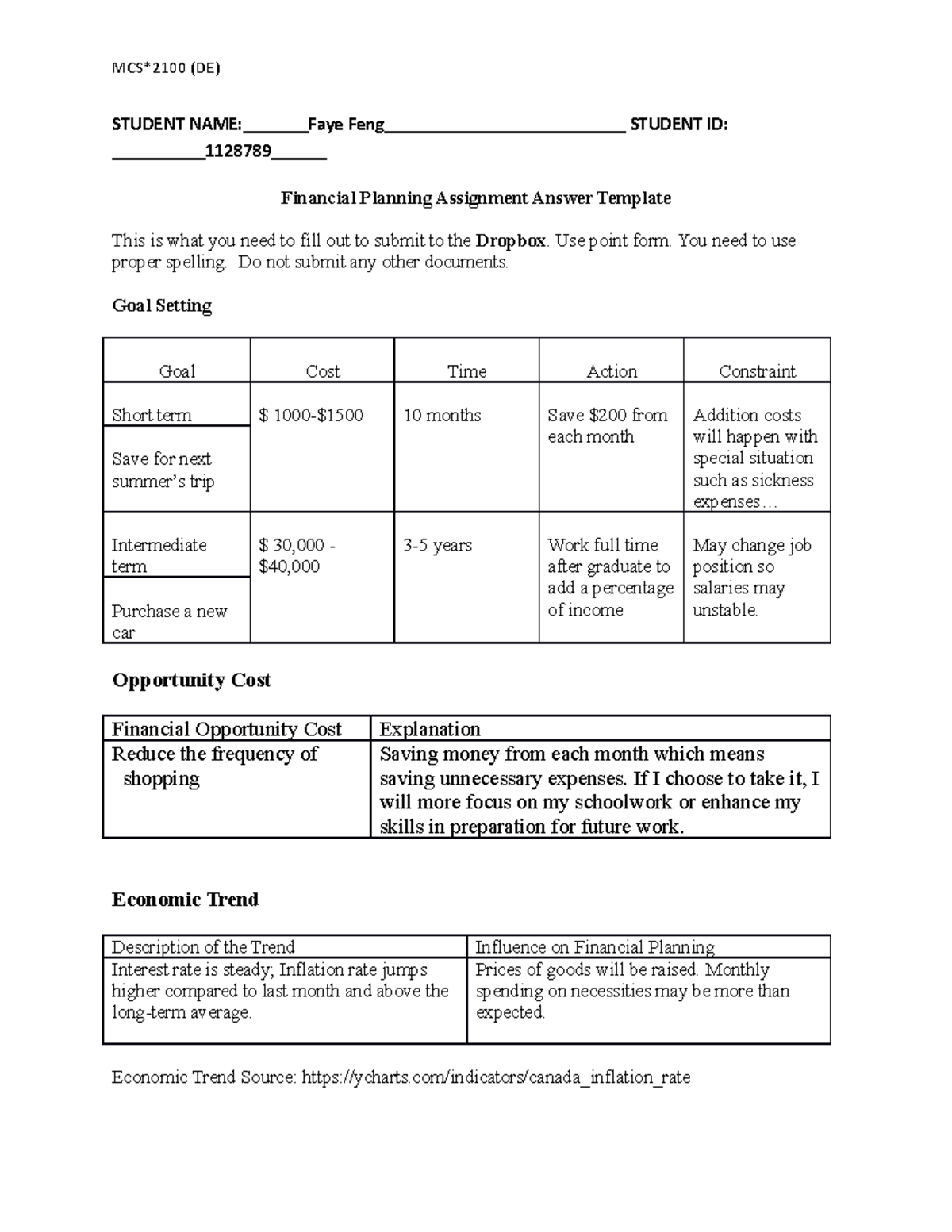 Financial planning assignment - STUDENT NAME:Faye Feng ...