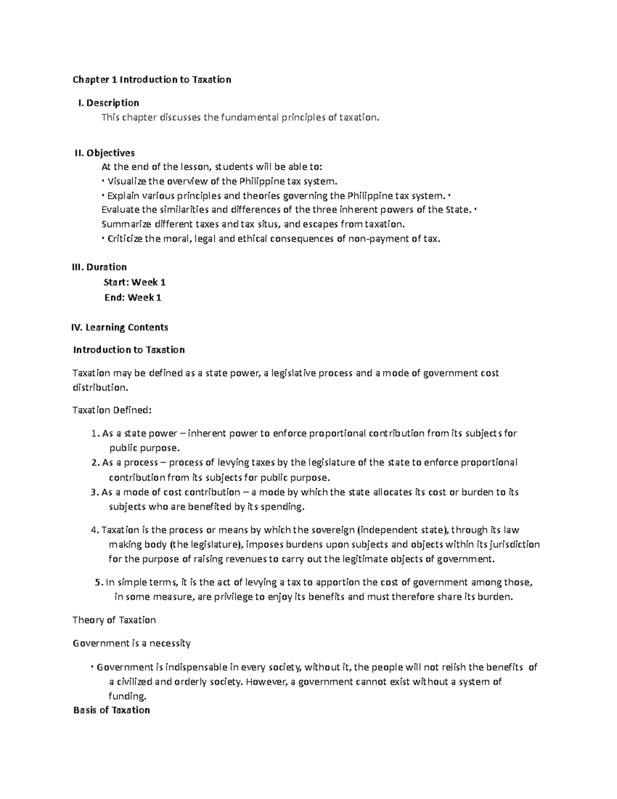 Tax - tax - Chapter 1 Introduction to Taxation I. Description This ...