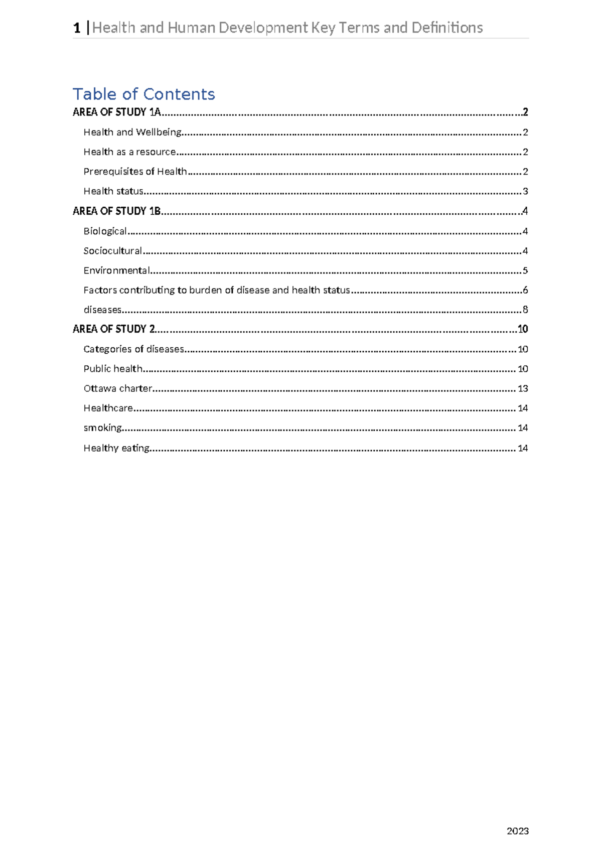 Health and Human Development (HHD) key terms - Table of Contents AREA ...