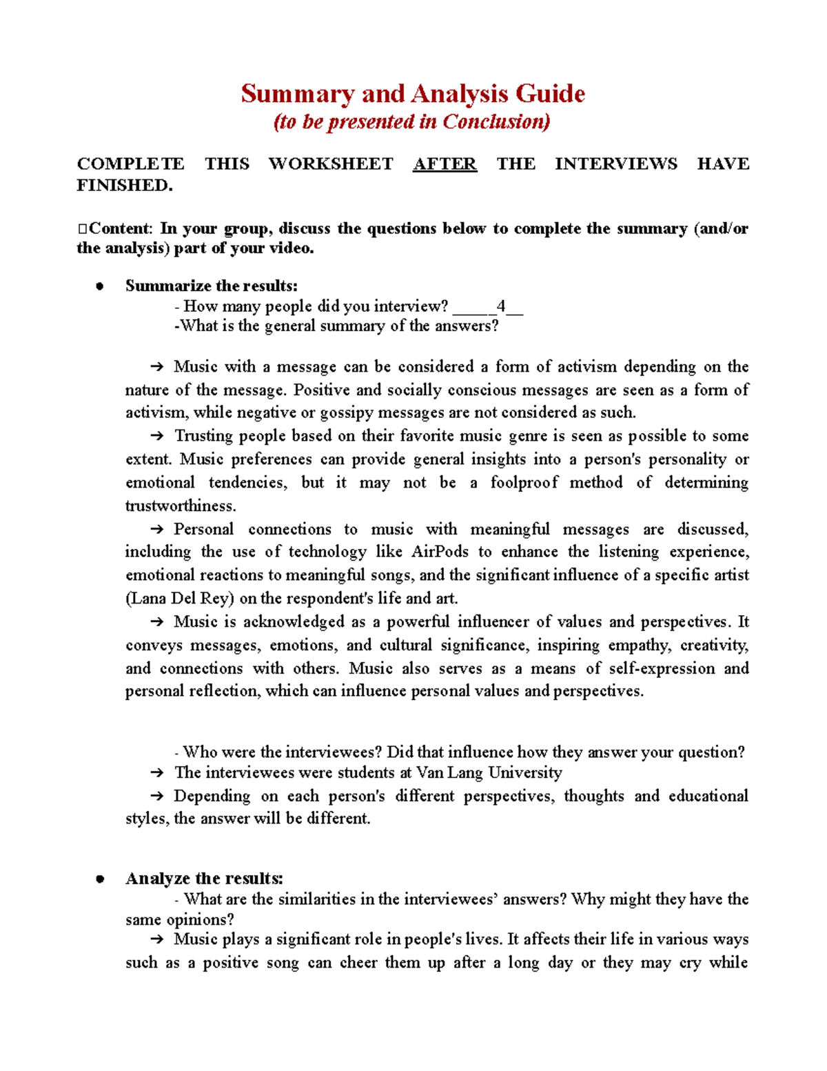 Summary and Analysis Guide - 🐀Content: In your group, discuss the ...