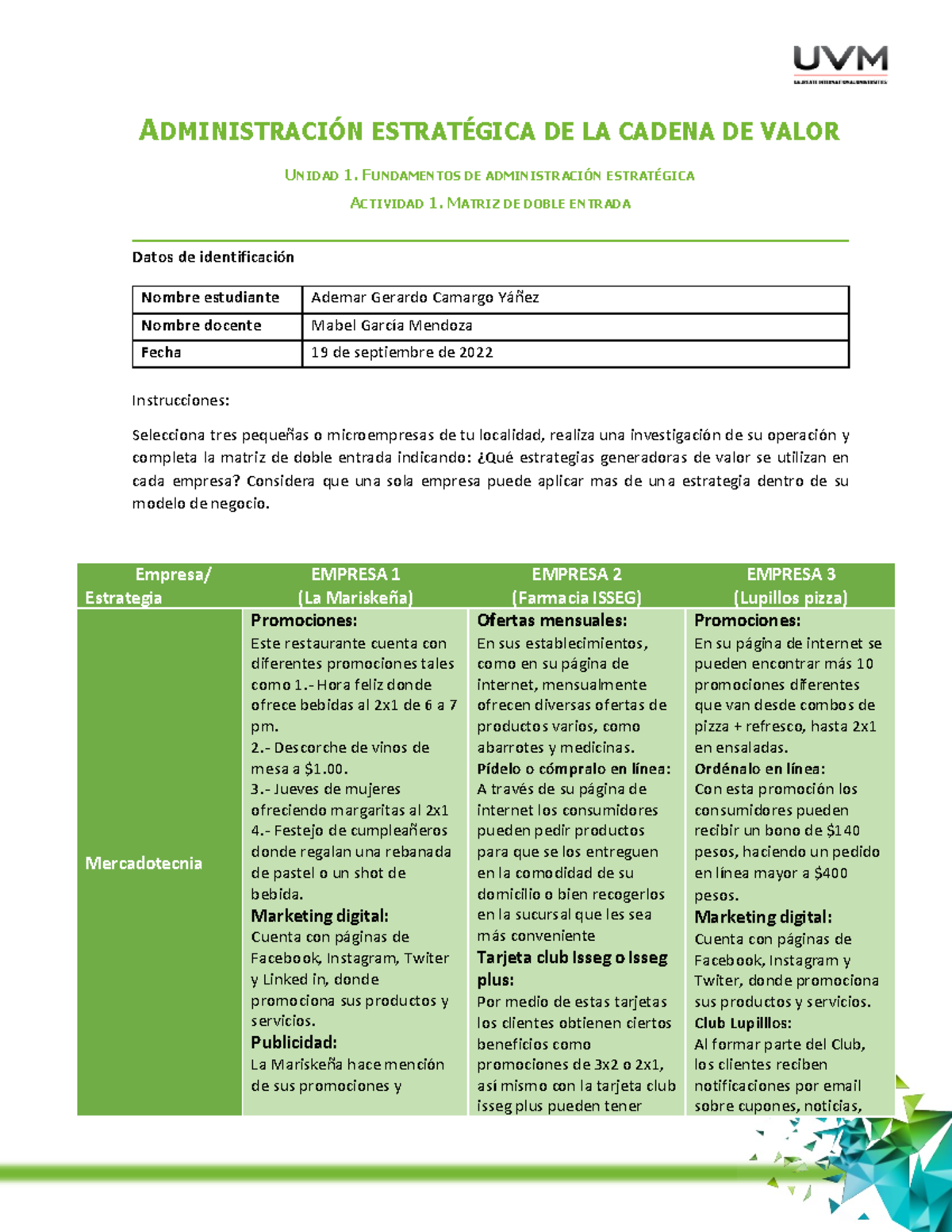 A#1 AGCY - Matriz de doble entrada - ADMINISTRACI”N ESTRAT.. DE LA ...