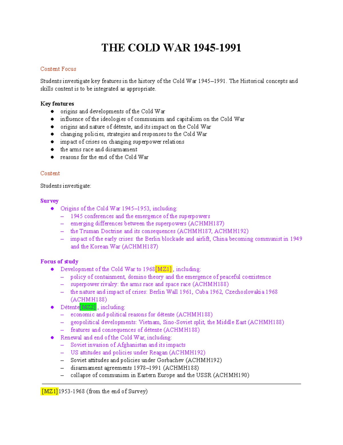 COLD WAR - HSC Modern Syllabus Notes - THE COLD WAR 1945- Content Focus ...