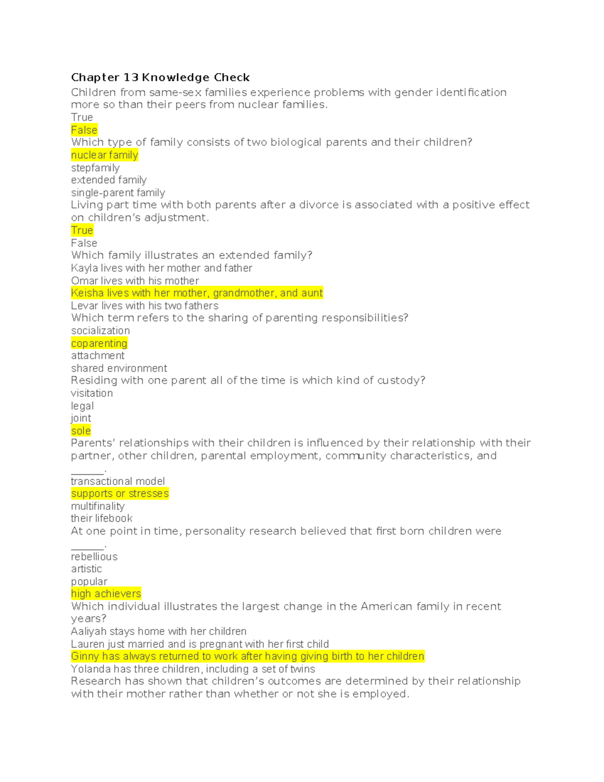 Chapter 13 Knowledge Check - Chapter 13 Knowledge Check Children from same-sex families ...