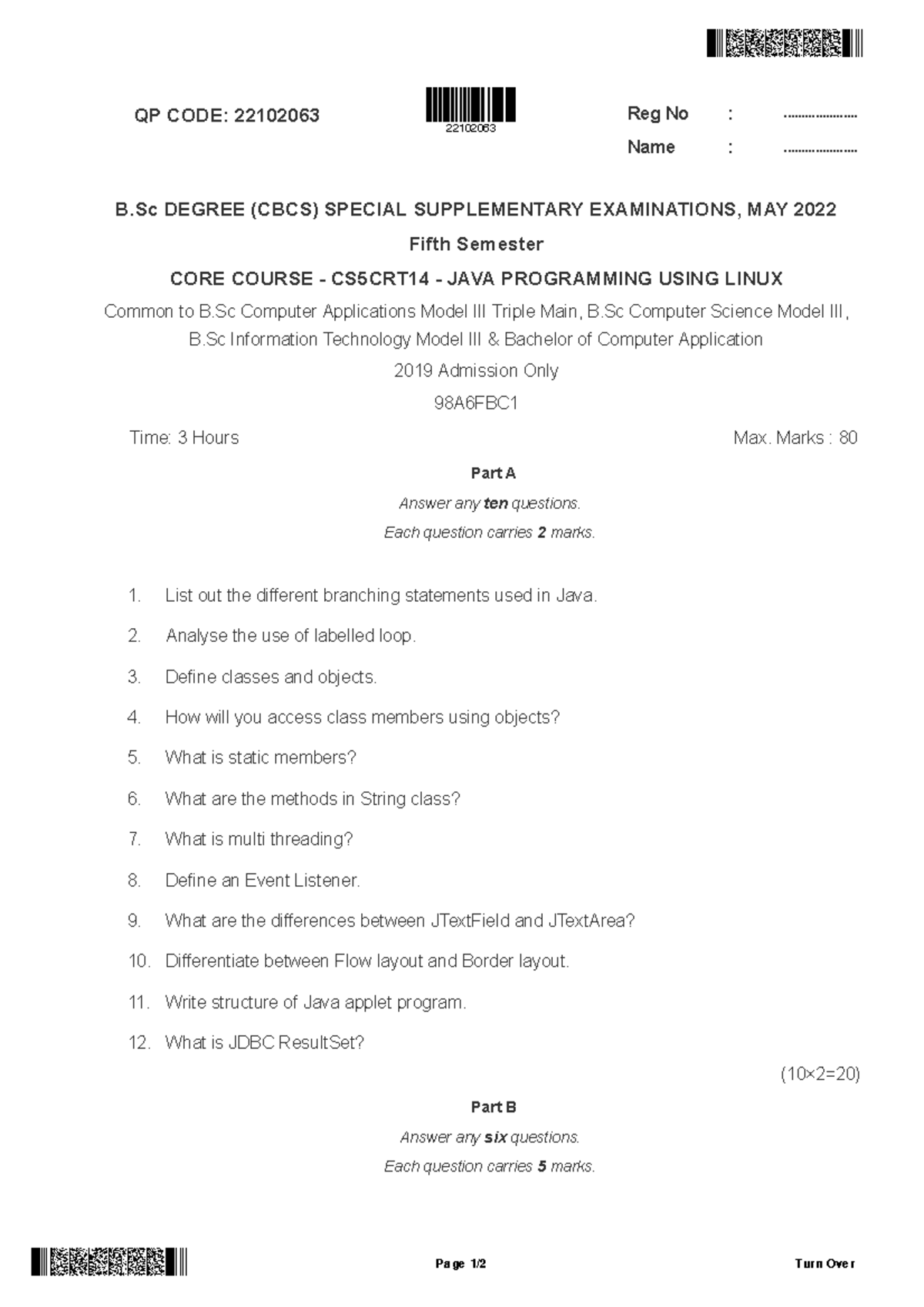 BCA5JPUL 2022 MAY Javaprograming Usine Linux - QP CODE: 22102063 Reg No ...