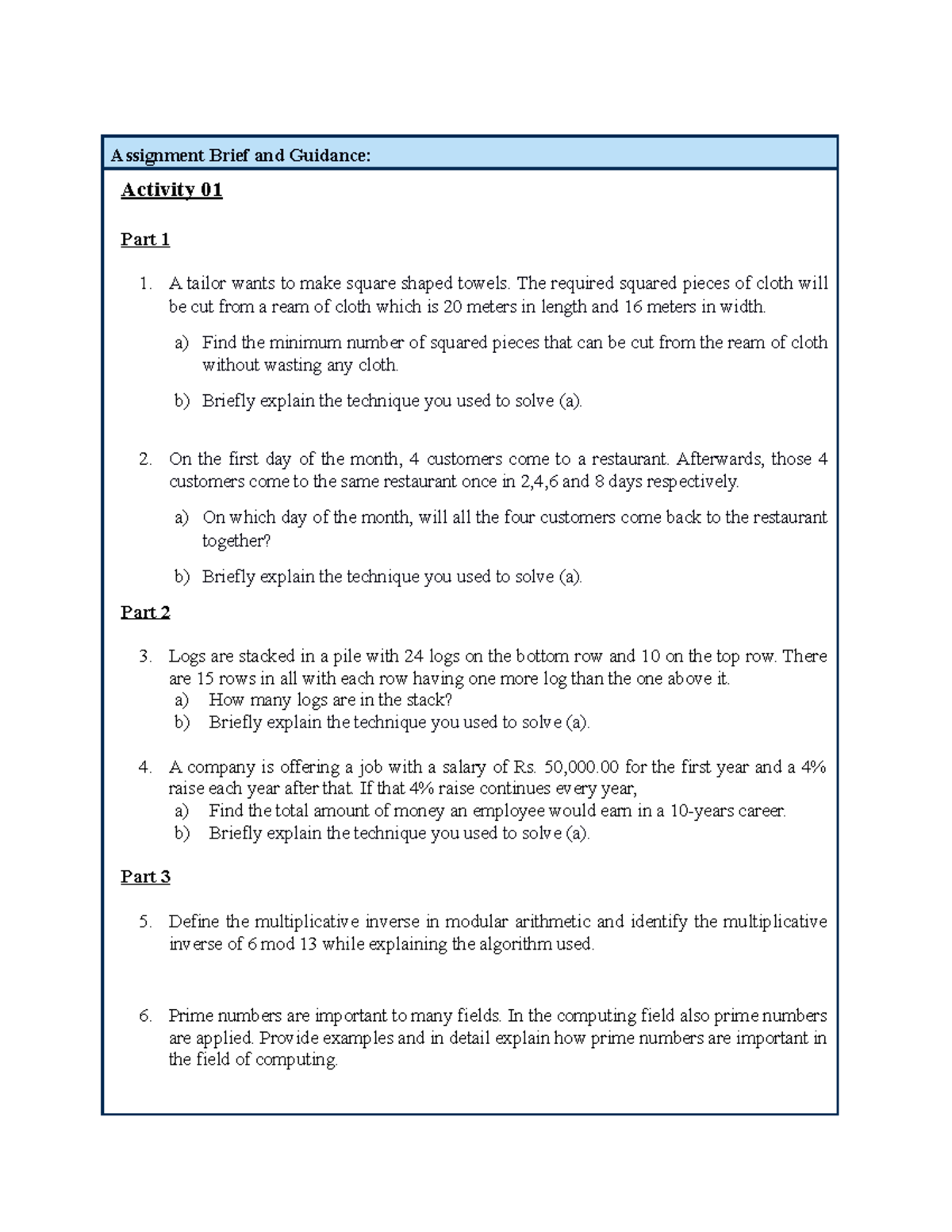 Assignment Brief and Guidance - Assignment Brief and Guidance: Activity 01 Part 1 A tailor wants ...
