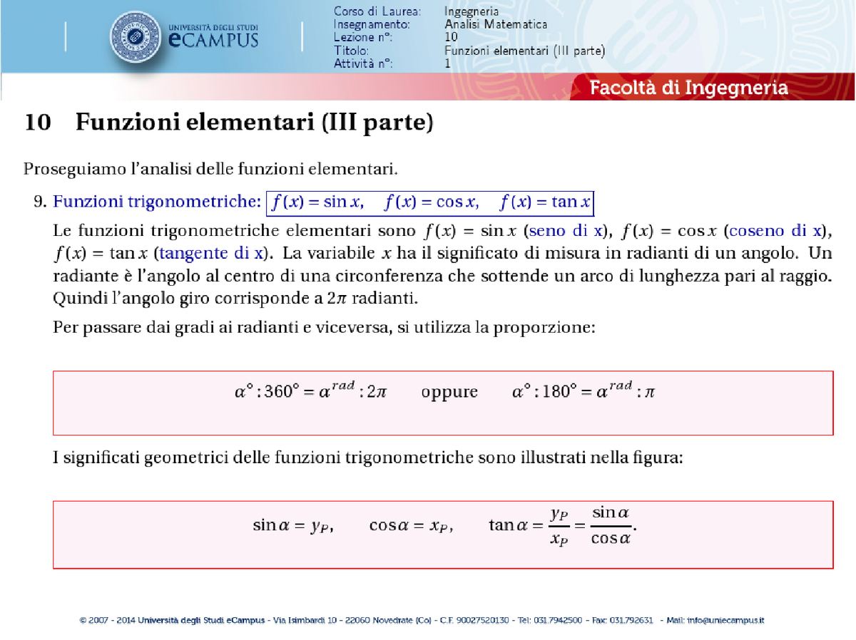 10-funzioni elementari 3 - Corso di Laurea: Insegnamento: Lezione n° : Titolo: Attività n° : I ...