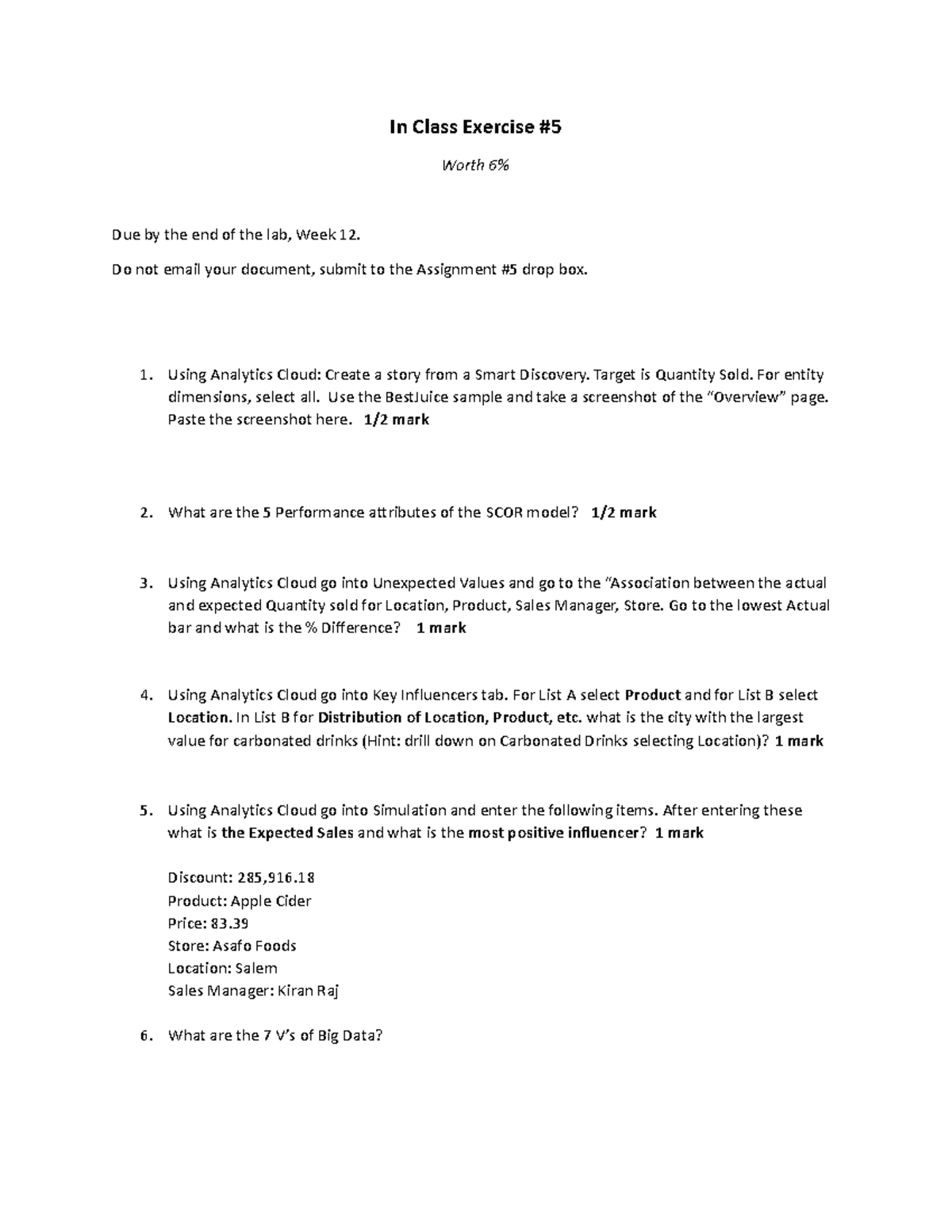 In Class Exercise #5 - assignment - In Class Exercise Worth 6% Due by ...