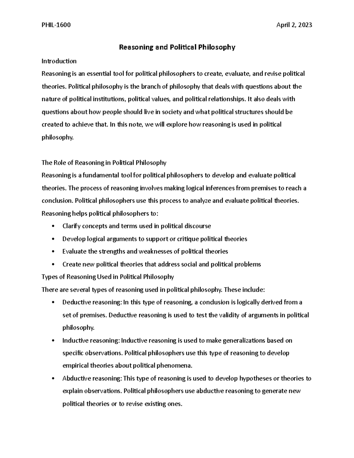 Reasoning and political philosophy - PHIL-1600 April 2, 2023 Reasoning ...