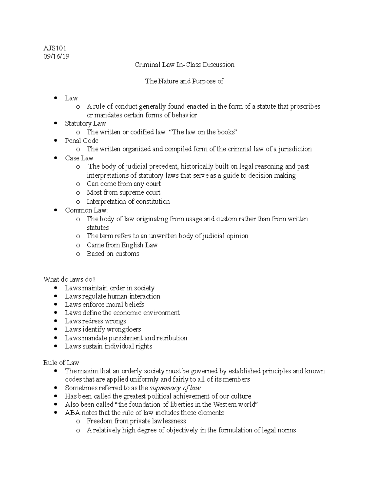 Criminal Defenses Notes - AJS 09/16/ Criminal Law In-Class Discussion ...