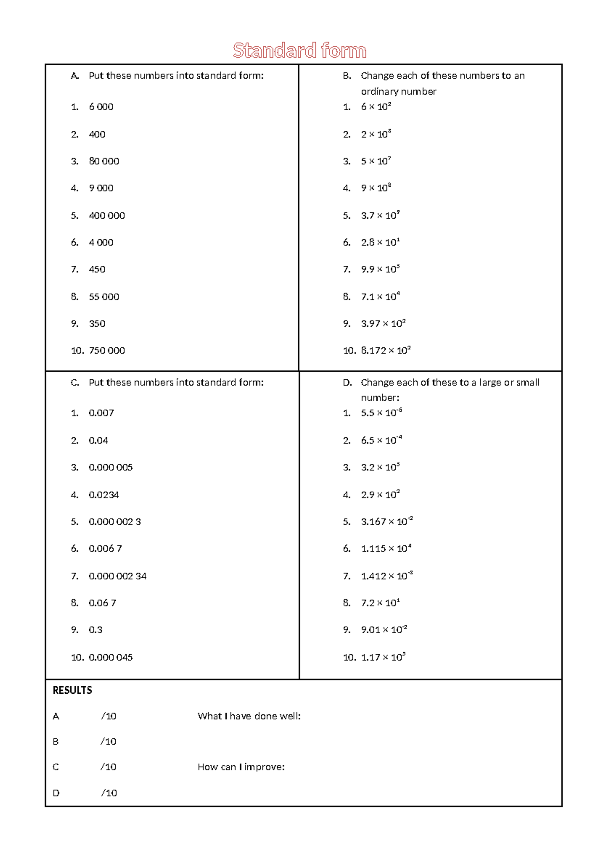 02. Standard Form Questions - Standard form B. Change each of these ...