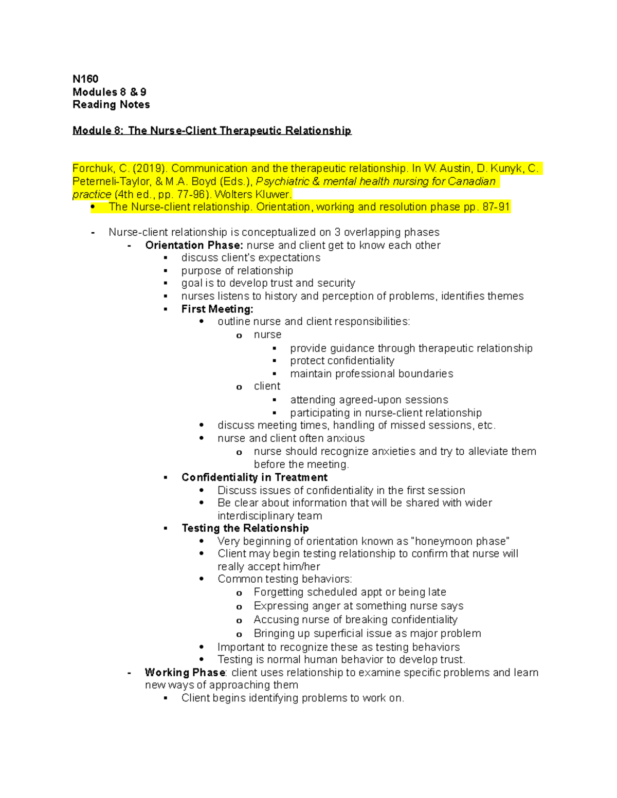 N160 Module 8 & 9 Reading Notes - N Modules 8 & 9 Reading Notes Module ...