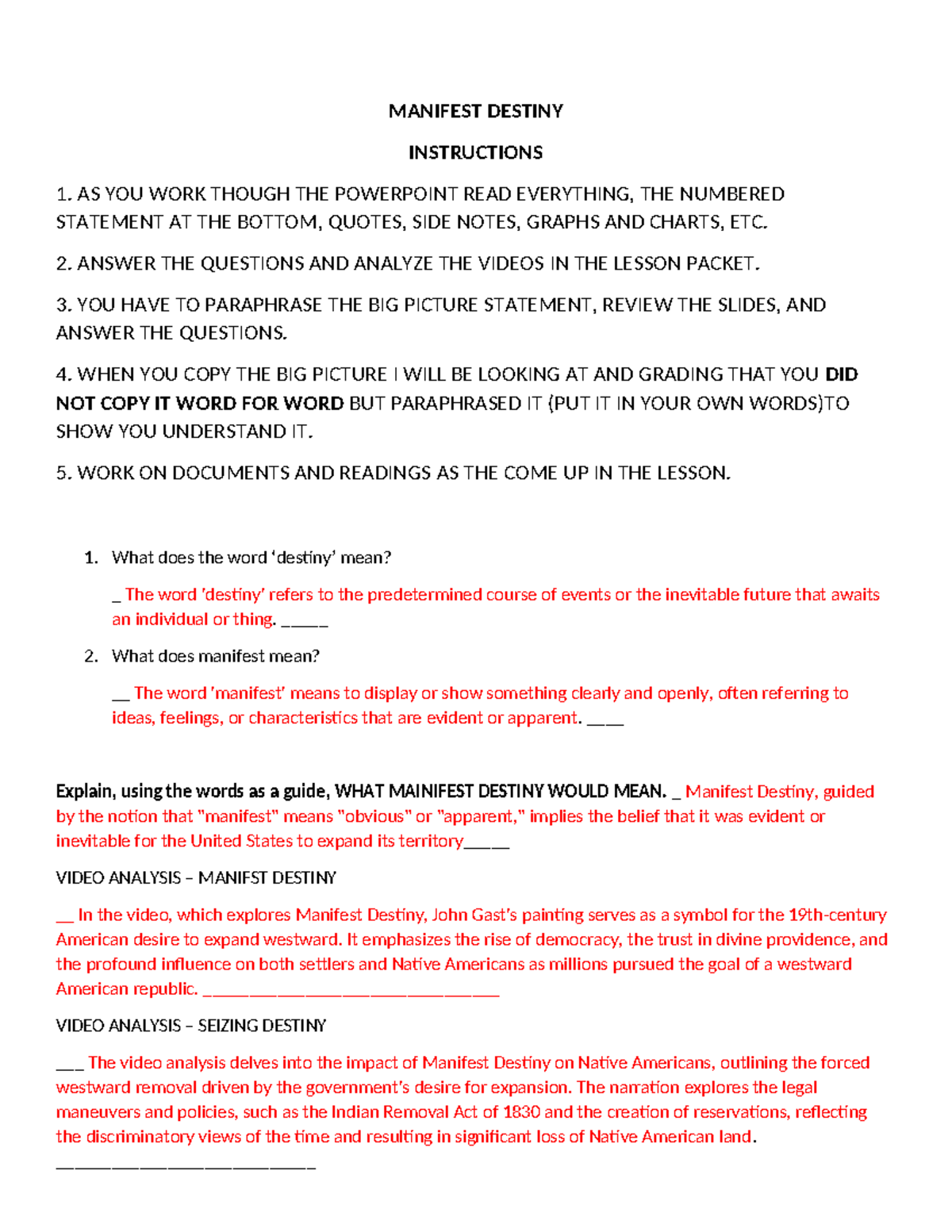 Manifest Destiny Notes - MANIFEST DESTINY INSTRUCTIONS 1. AS YOU WORK ...