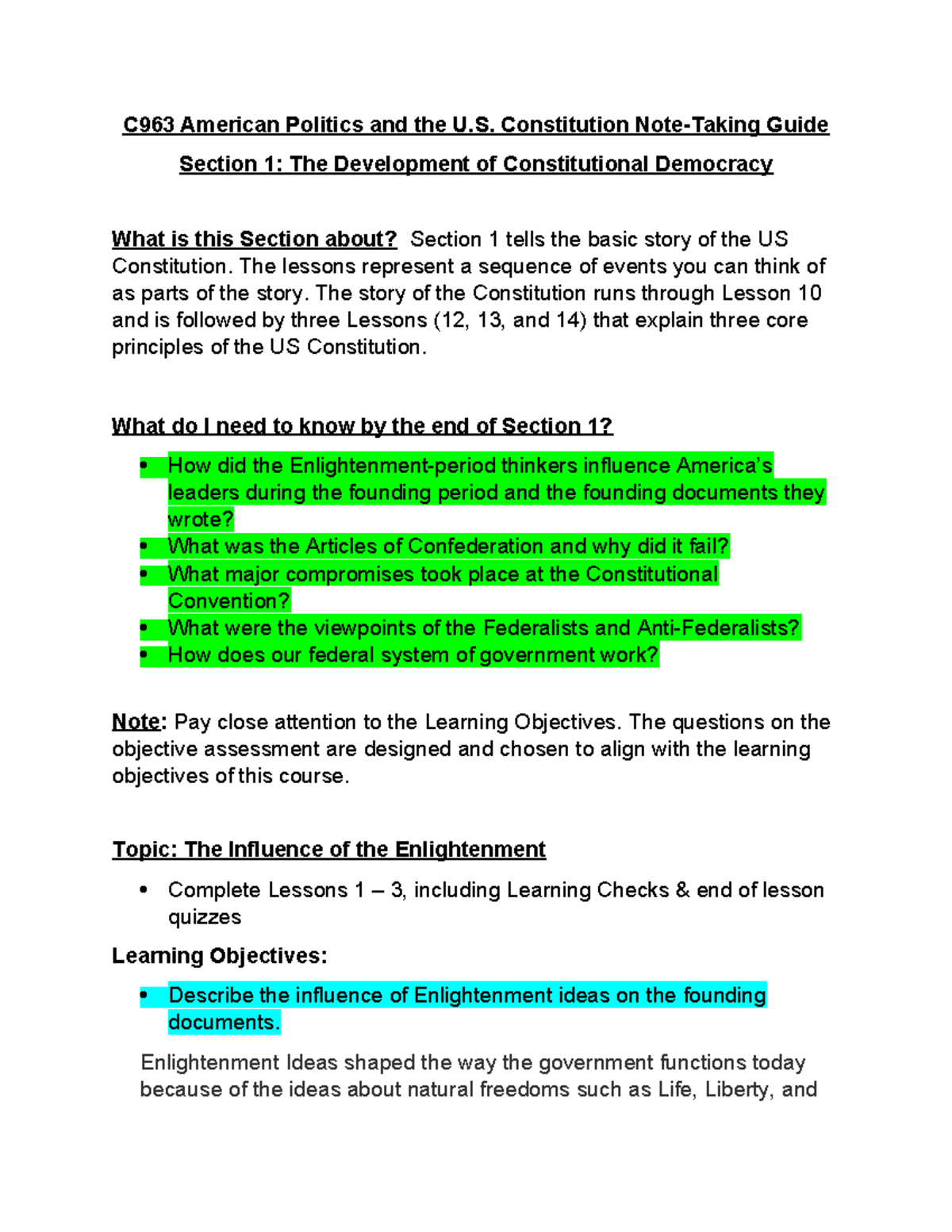C963 Section 1 Note Taking Guide - C963 American Politics and the U ...