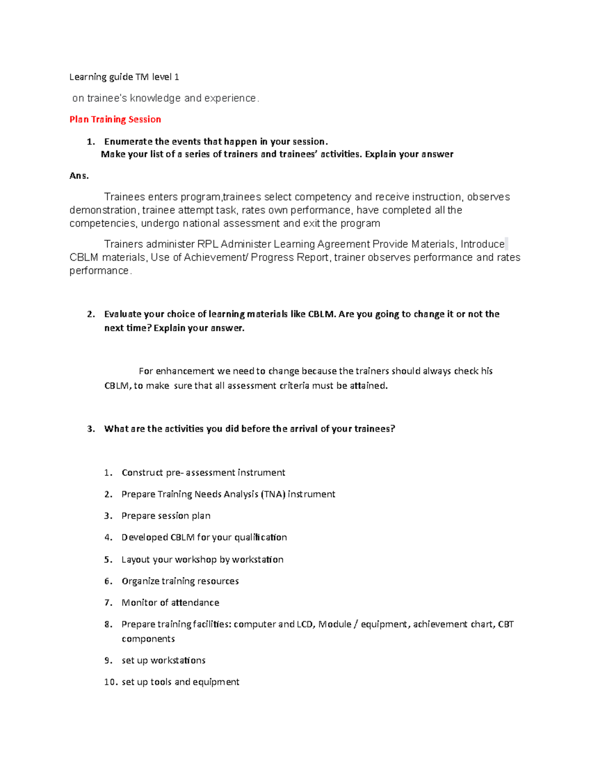 Collective Answers 1 - Study Materials - Learning guide TM level 1 on ...