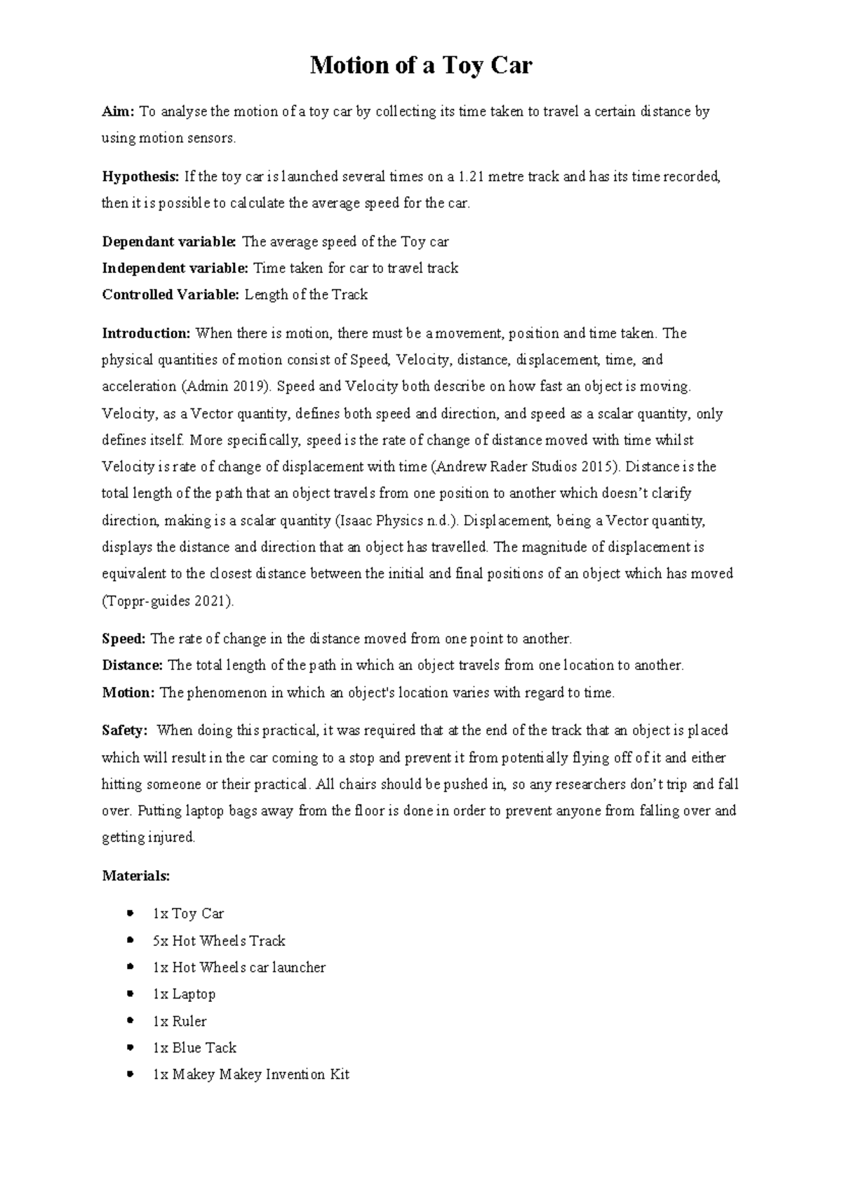 Speed of a Toy Car - Ace - Aim: To analyse the motion of a toy car by ...