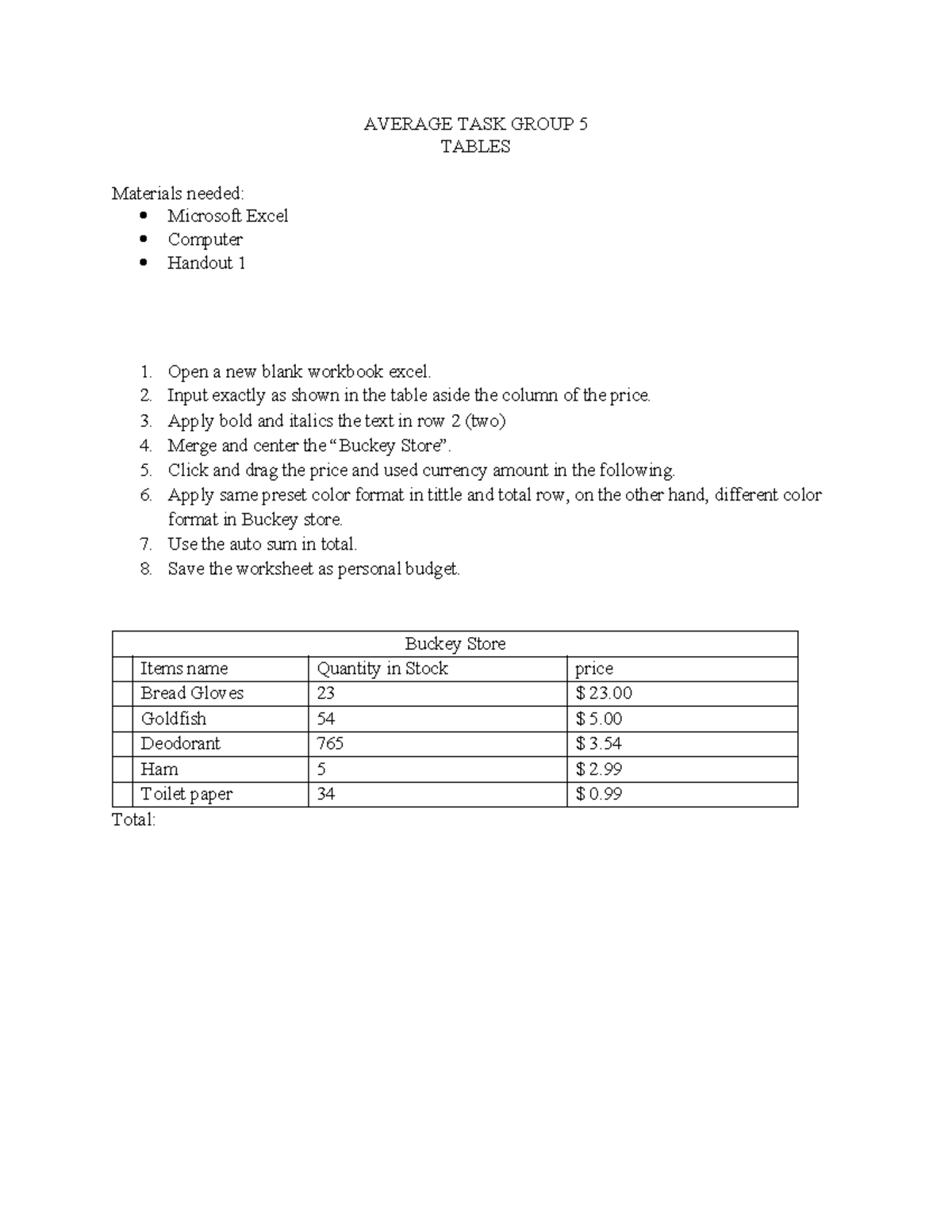 Average TASK Group 5(Tables)docx - AVERAGE TASK GROUP 5 TABLES ...