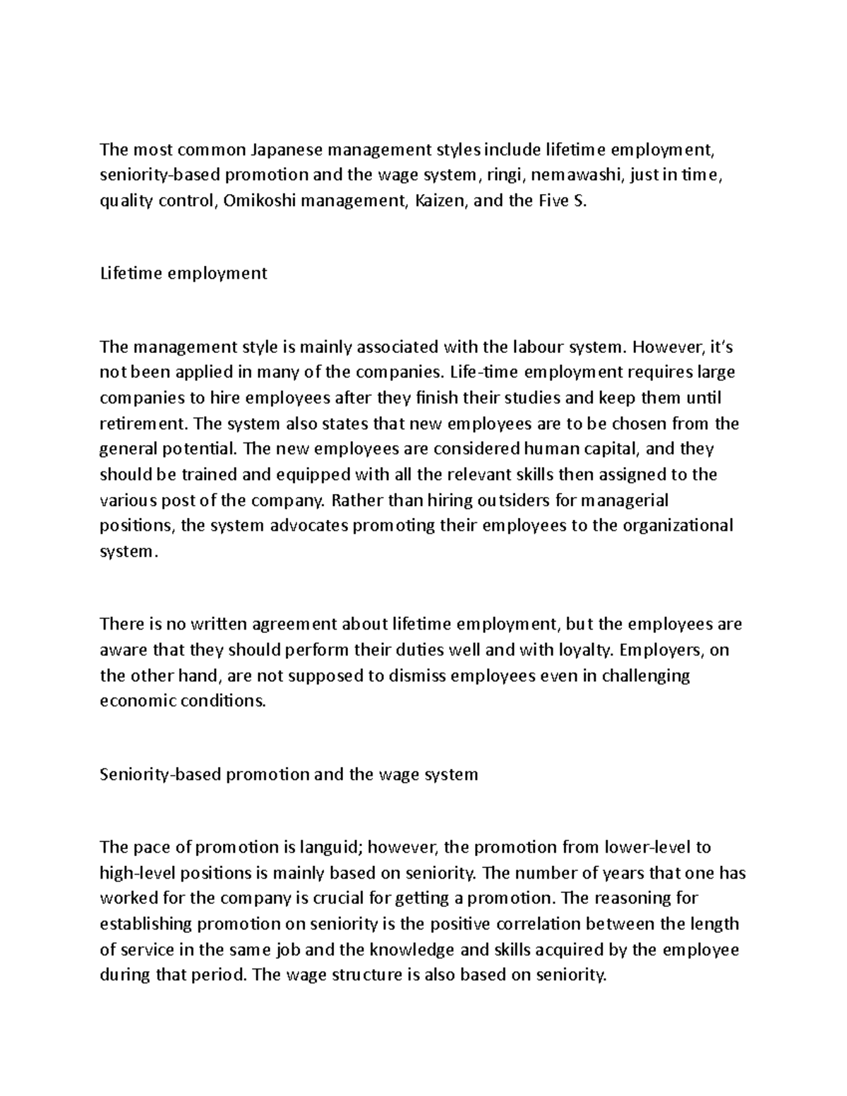 Japanese manegement style - Lifetime employment The management style is ...