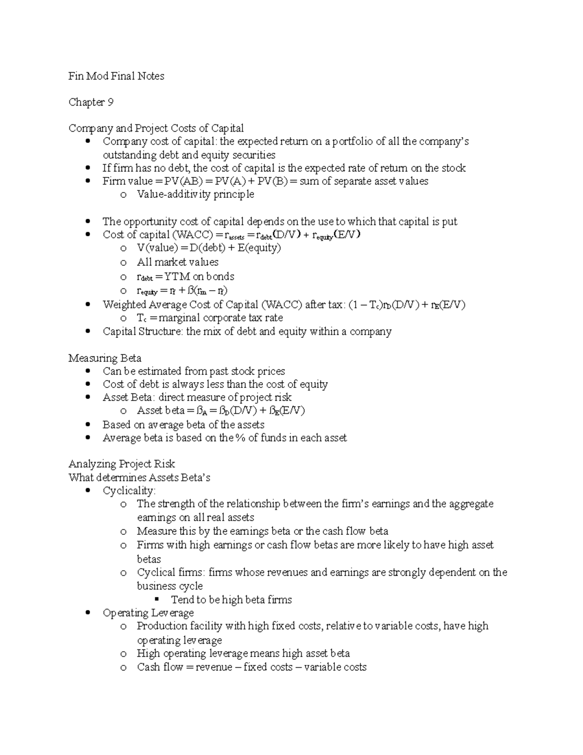 Fin Mod Final Notes - Fin Mod Final Notes Chapter 9 Company and Project ...
