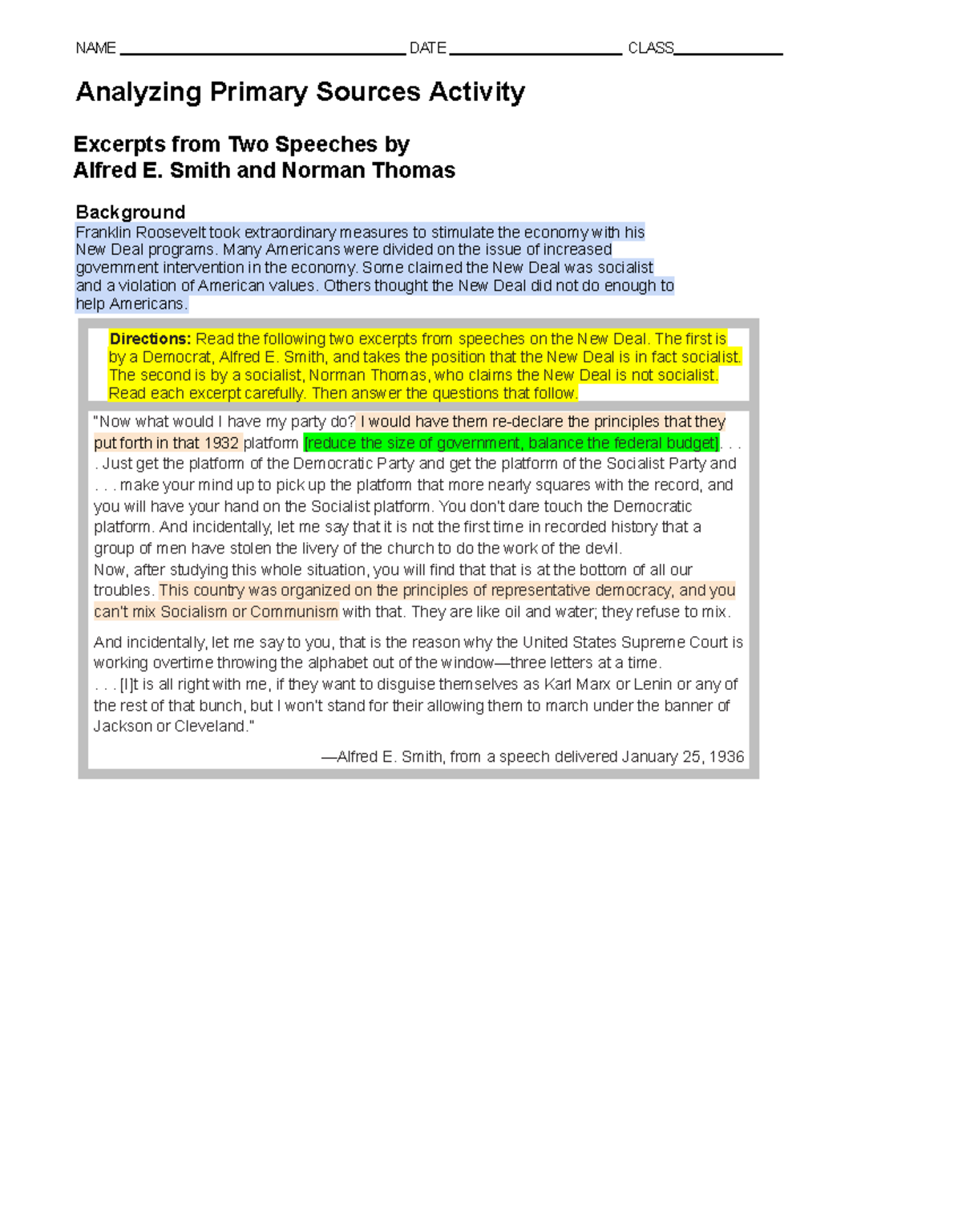 Malachi Thomas - Analyzing Primary Sources Activity Excerpts from Two ...